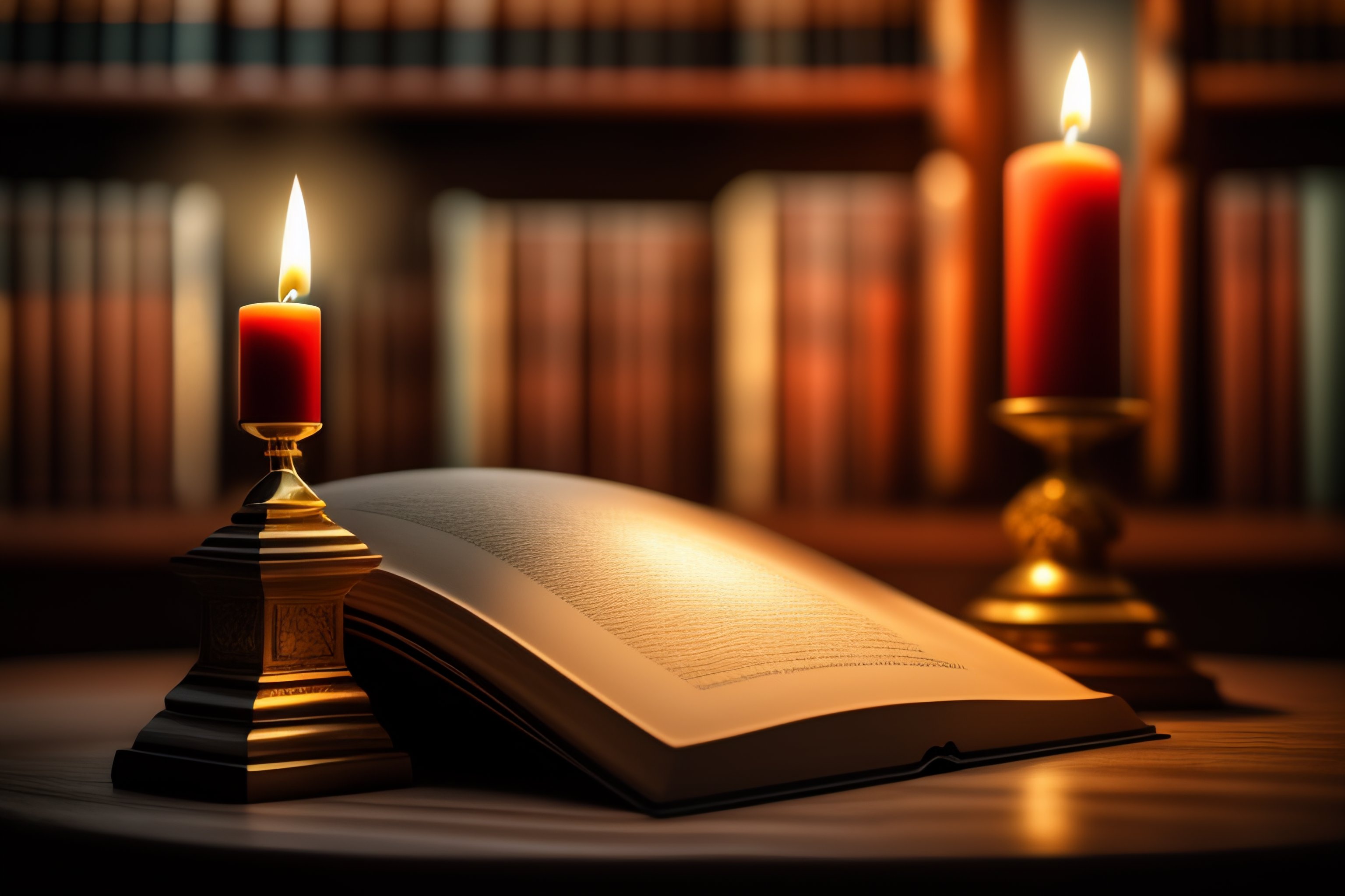 Lexica - Open book with candles on a pedestal inside a huge library