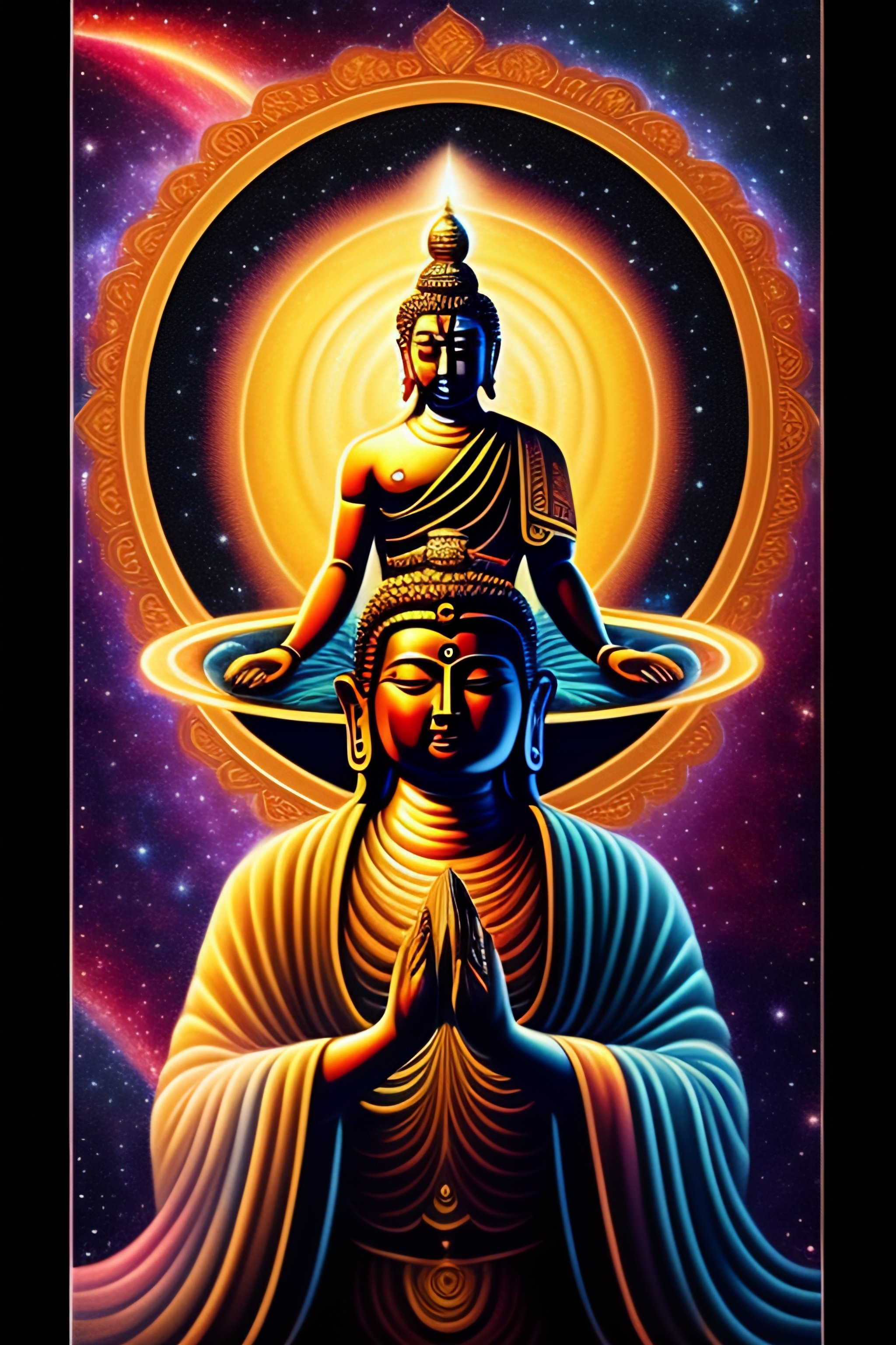 Lexica - Light Buddha shows his images of the galaxy and holds the ...