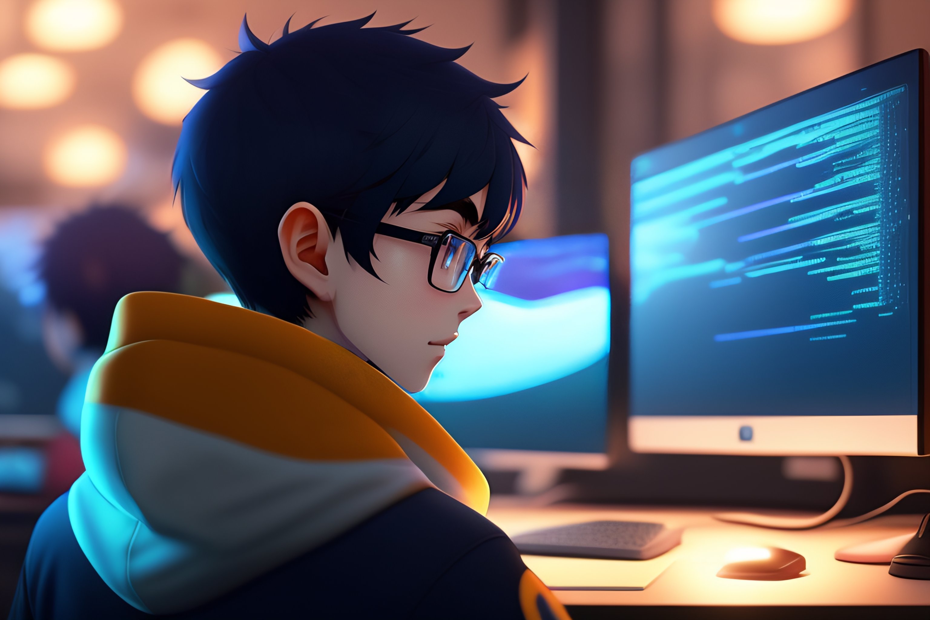 Lexica - A nerdy boy ith 22 years old in a hoodie is programming at a ...