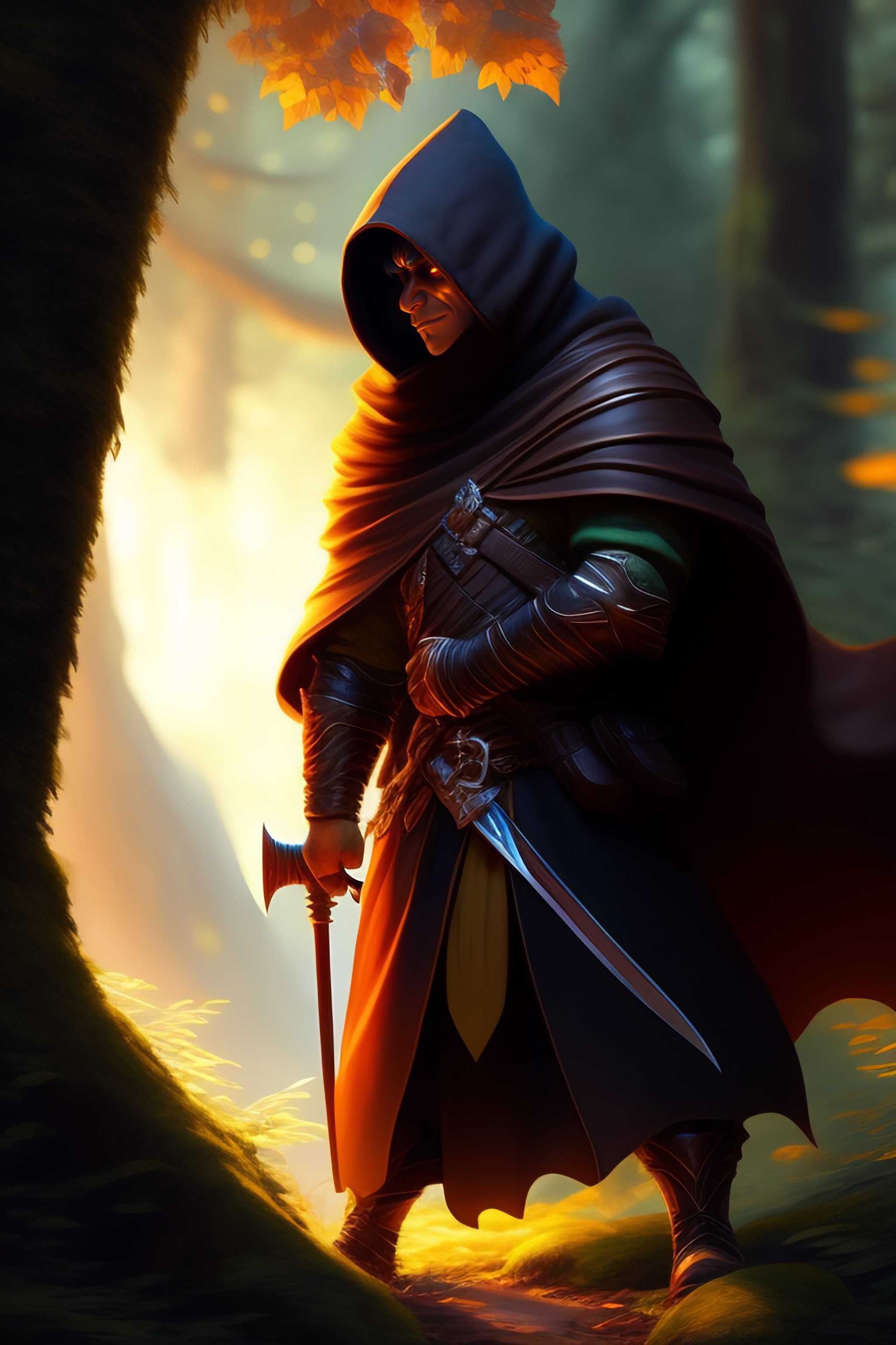 Lexica - Frontside of goblin holding sword wearing a brown cloak in a ...