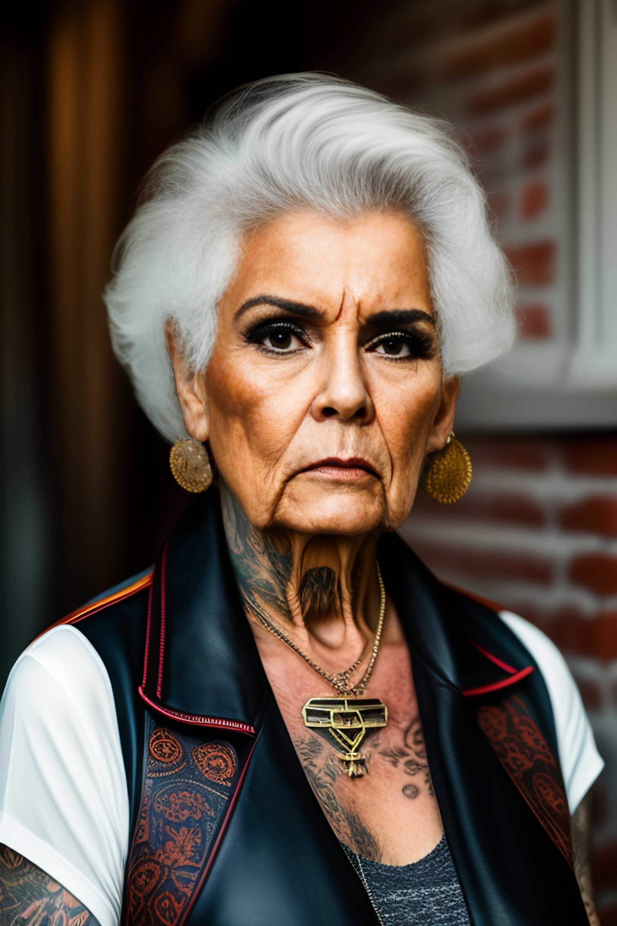 Lexica - Portrait of a grumpy mean scowl old woman biker tattoos