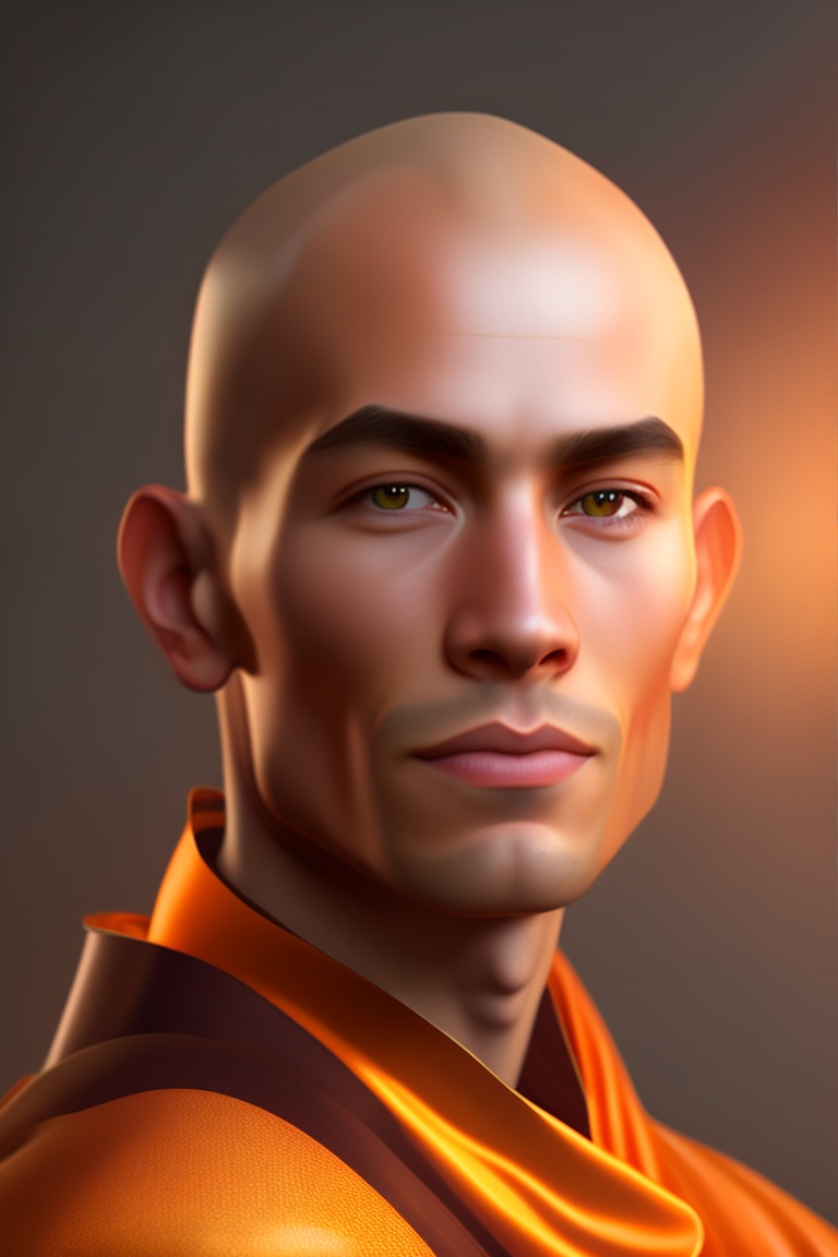 Lexica - A bald monk looking straight to camera, wearing orange dress