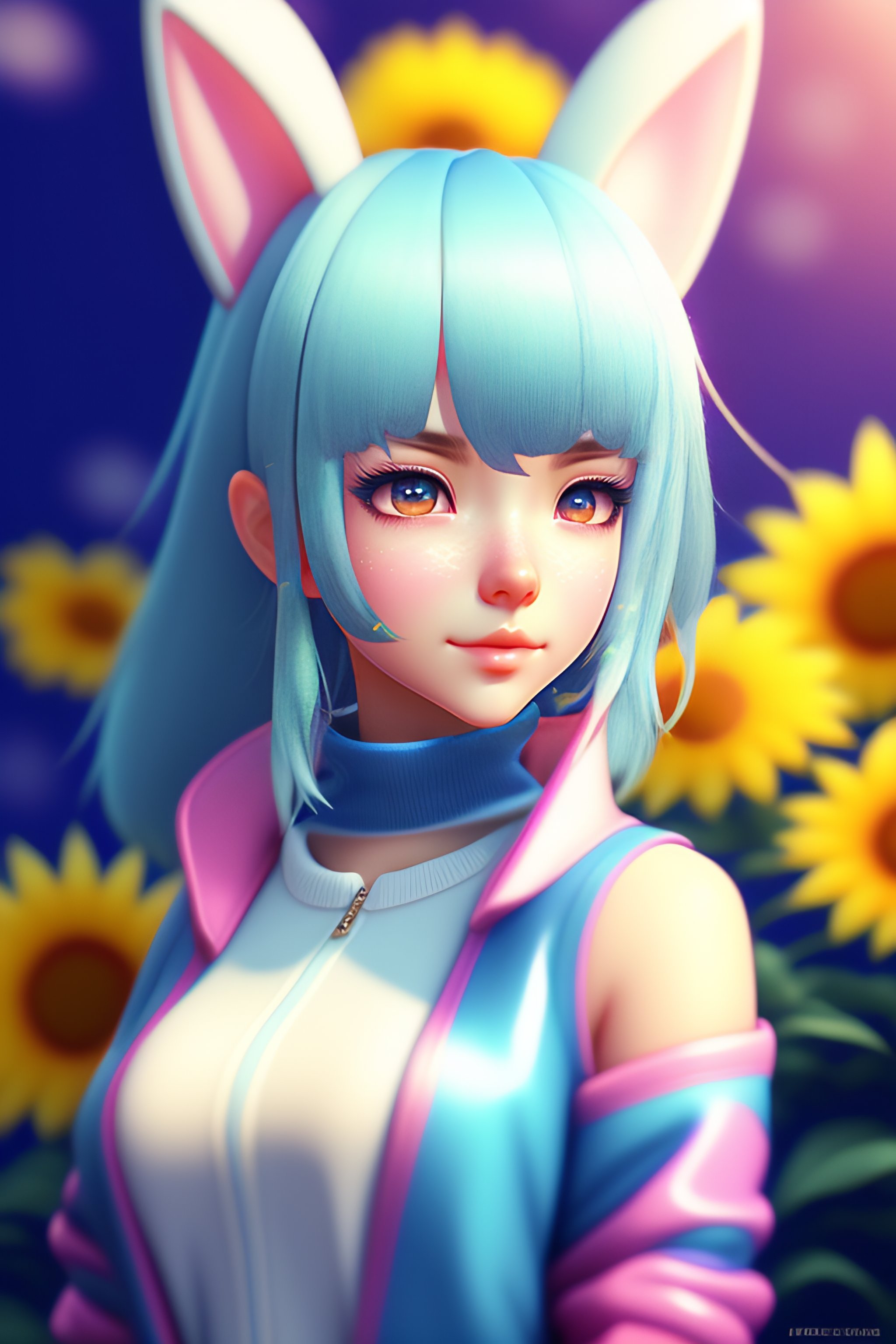 Lexica - Rabbit ears,light blue hair,pink eyes,Bob,Surrounded by ...