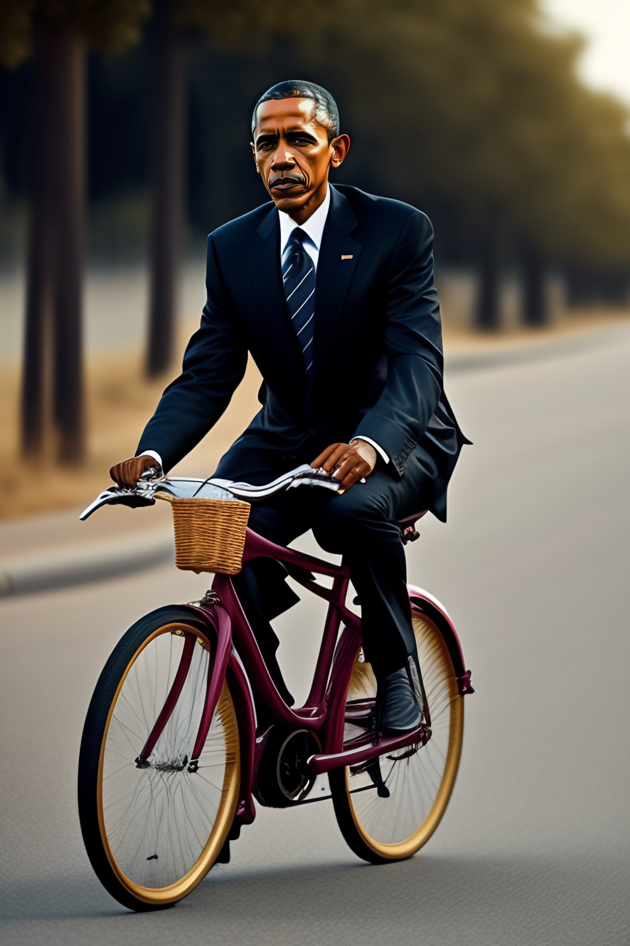 Lexica - Barack obama riding bike on empty street with dried hair style