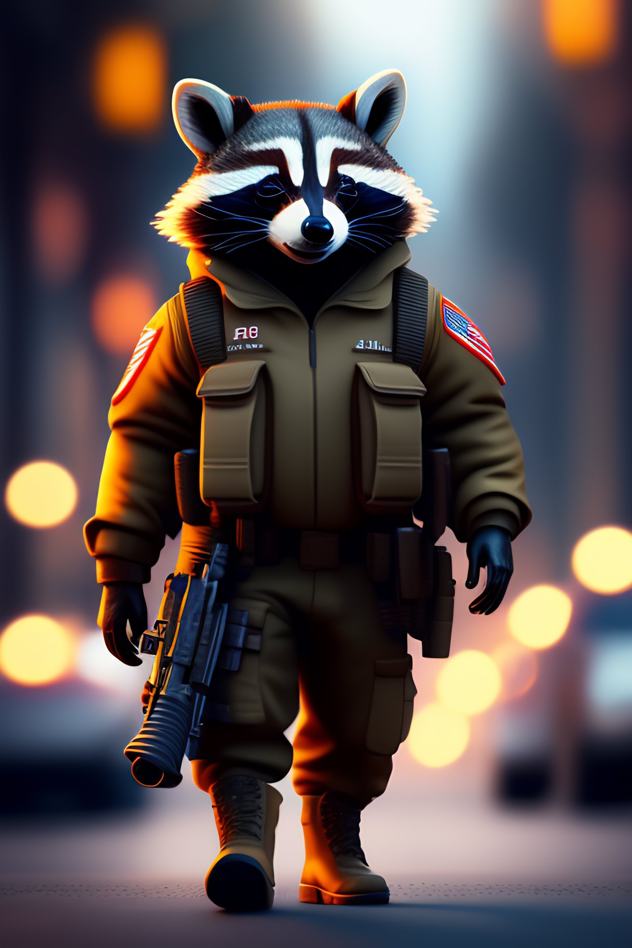Lexica - A military raccoon with a machine gun walking with a baby by ...