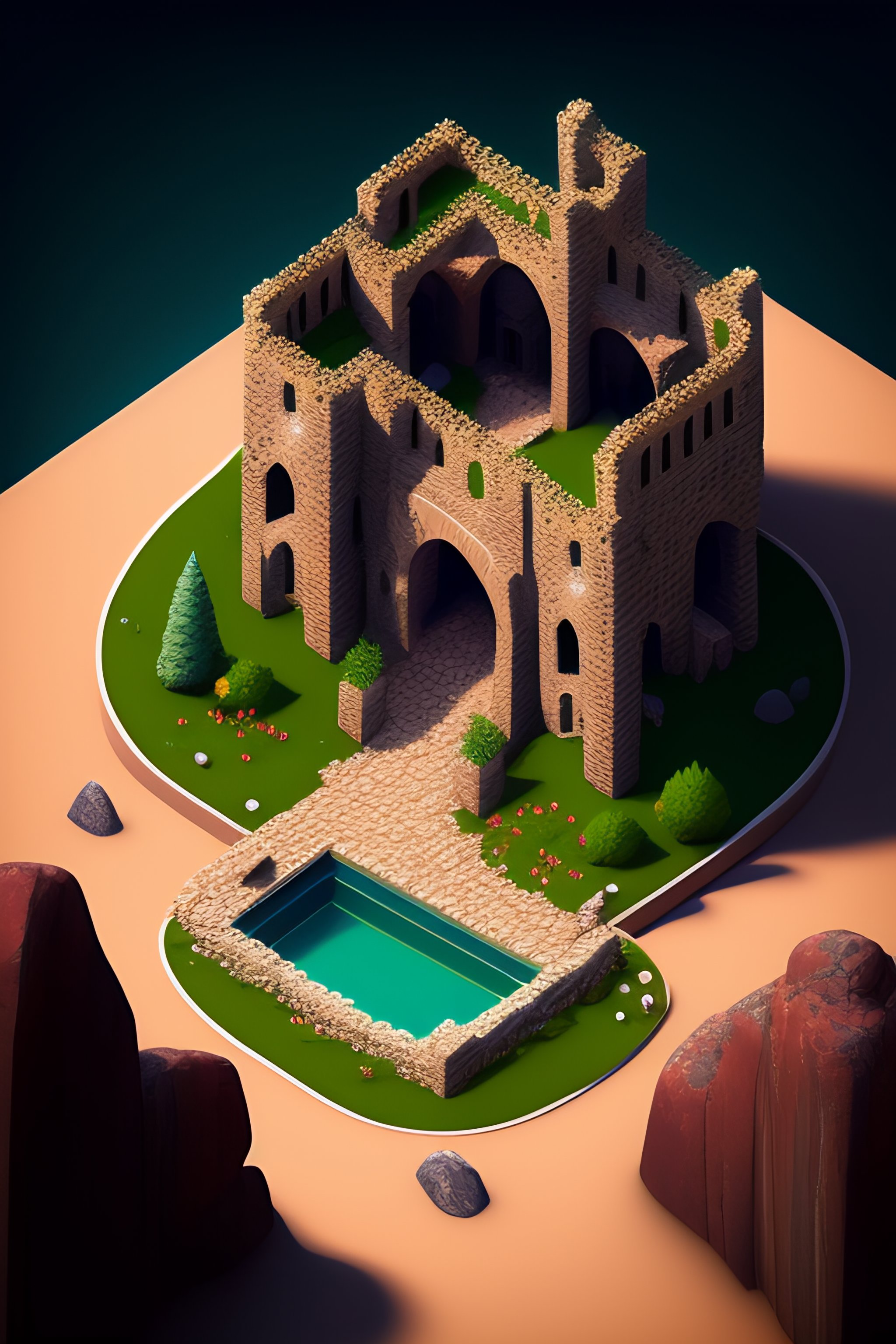 Lexica - Isometric view of a castle made of rocks in Mercury, ruins
