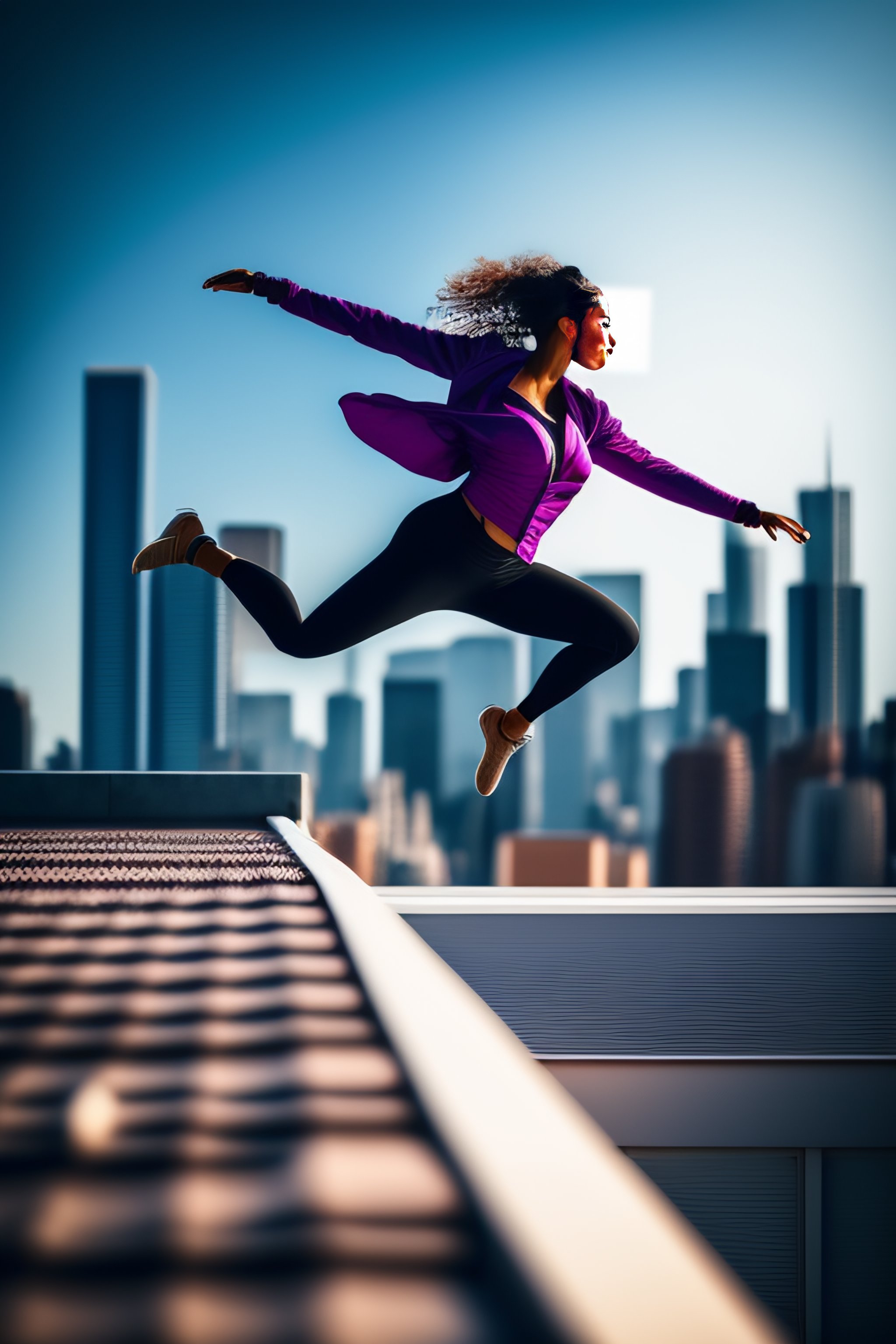Lexica - Extreme low angle shot of a dancer jumping on a rooftop
