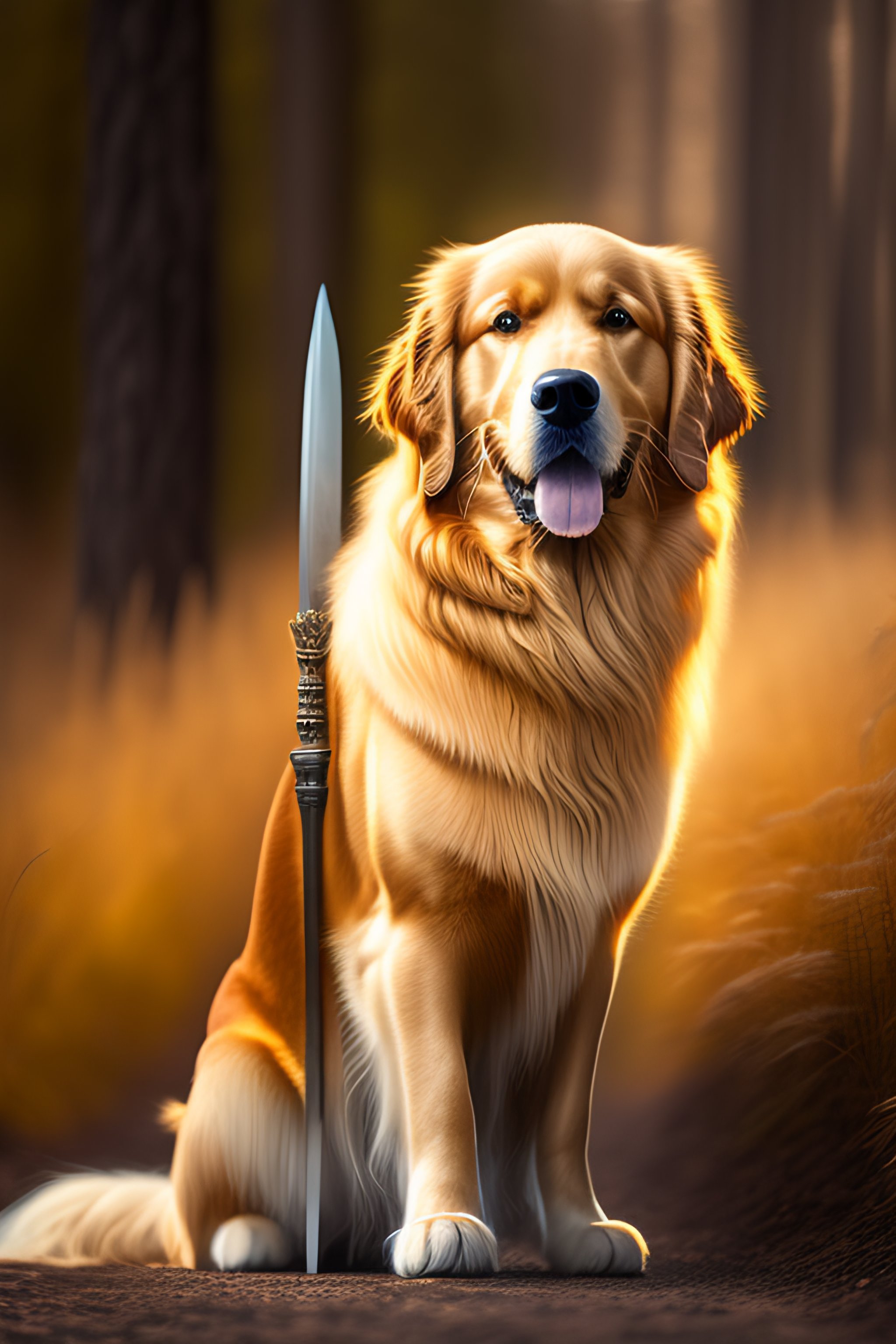 Lexica - A golden retriever, standing ，with sword in the hand