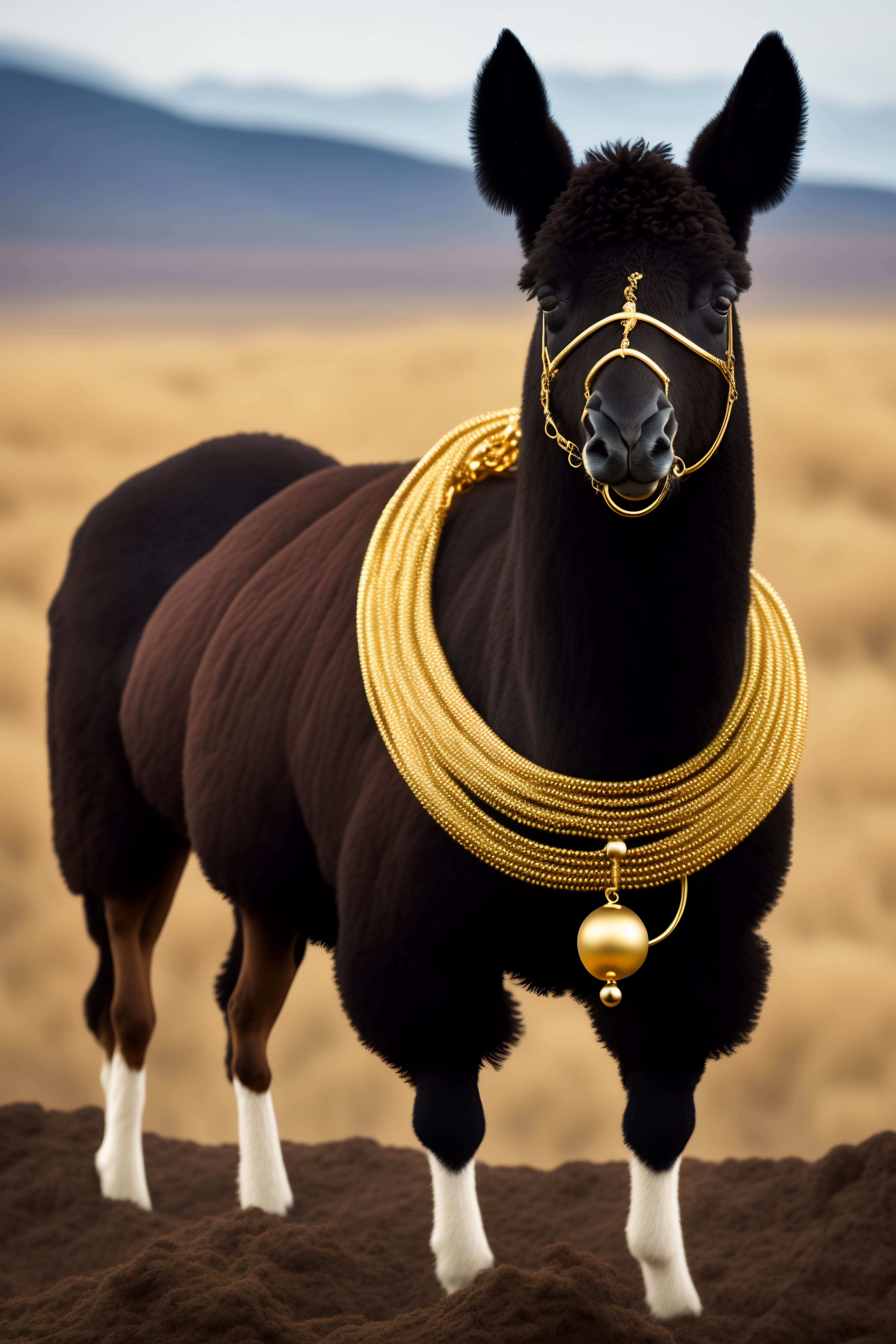 Lexica - A realistic black alpaca with a gold necklace called 43 with a ...