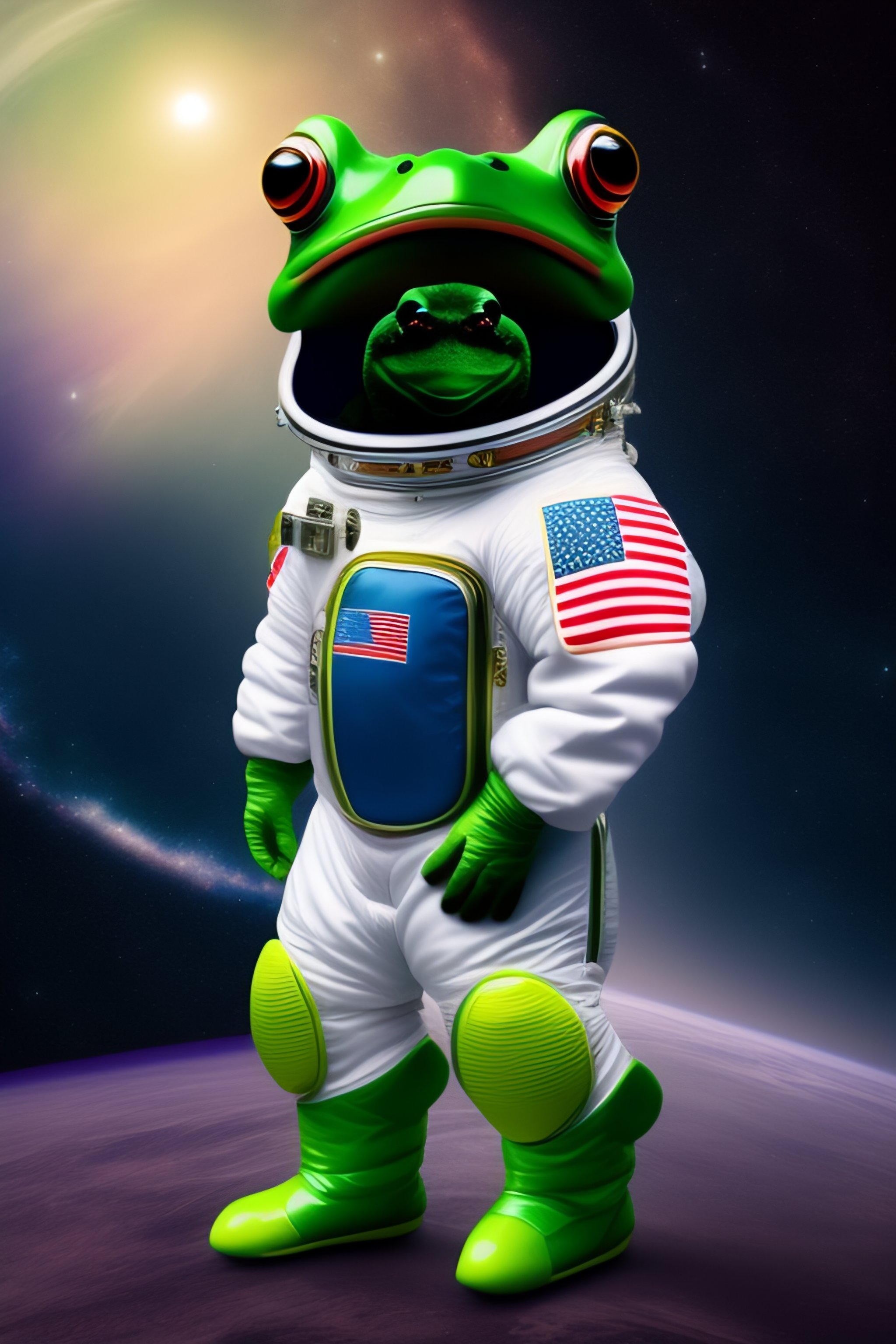 Lexica - Frog with tongue out. Astronaut suit. With frog hands