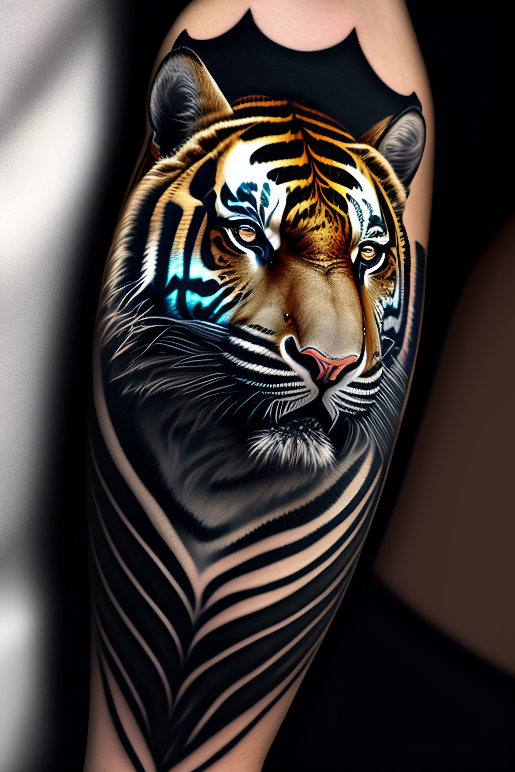 Lexica - Hand tattoo of a tiger meeting death, black and grey, 4k, realist shading