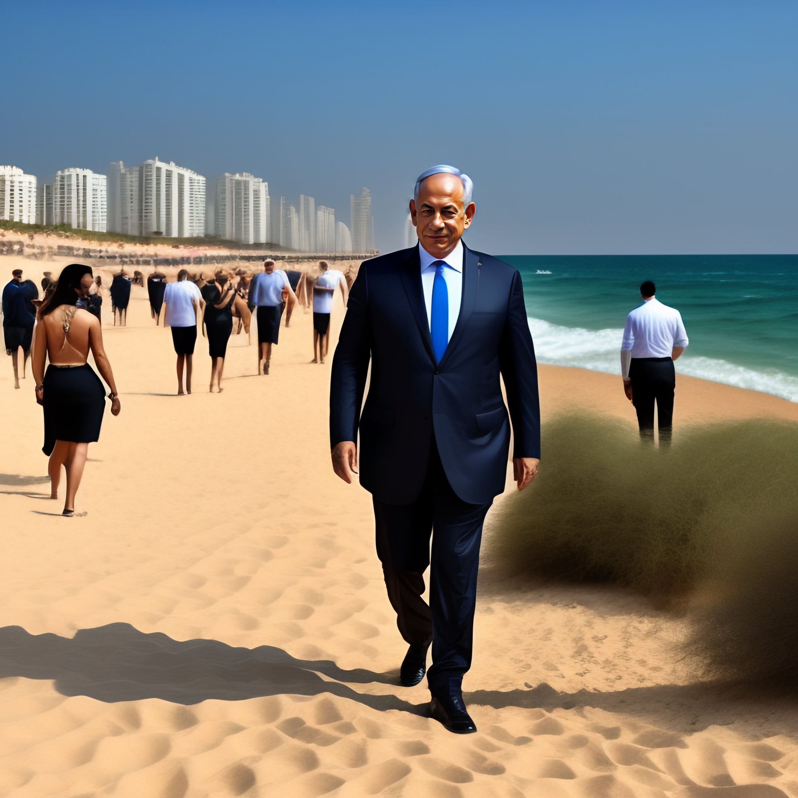 Lexica - Benjamin Netanyahu going on a walk in Tel Aviv beach