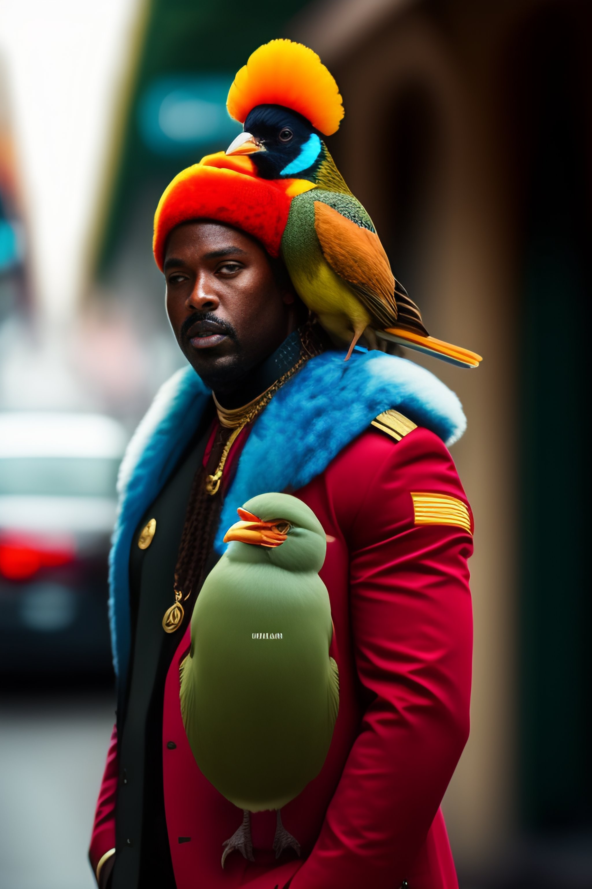 Lexica - A human-sized bird dressed like Flava Flave, with a bird-sized ...