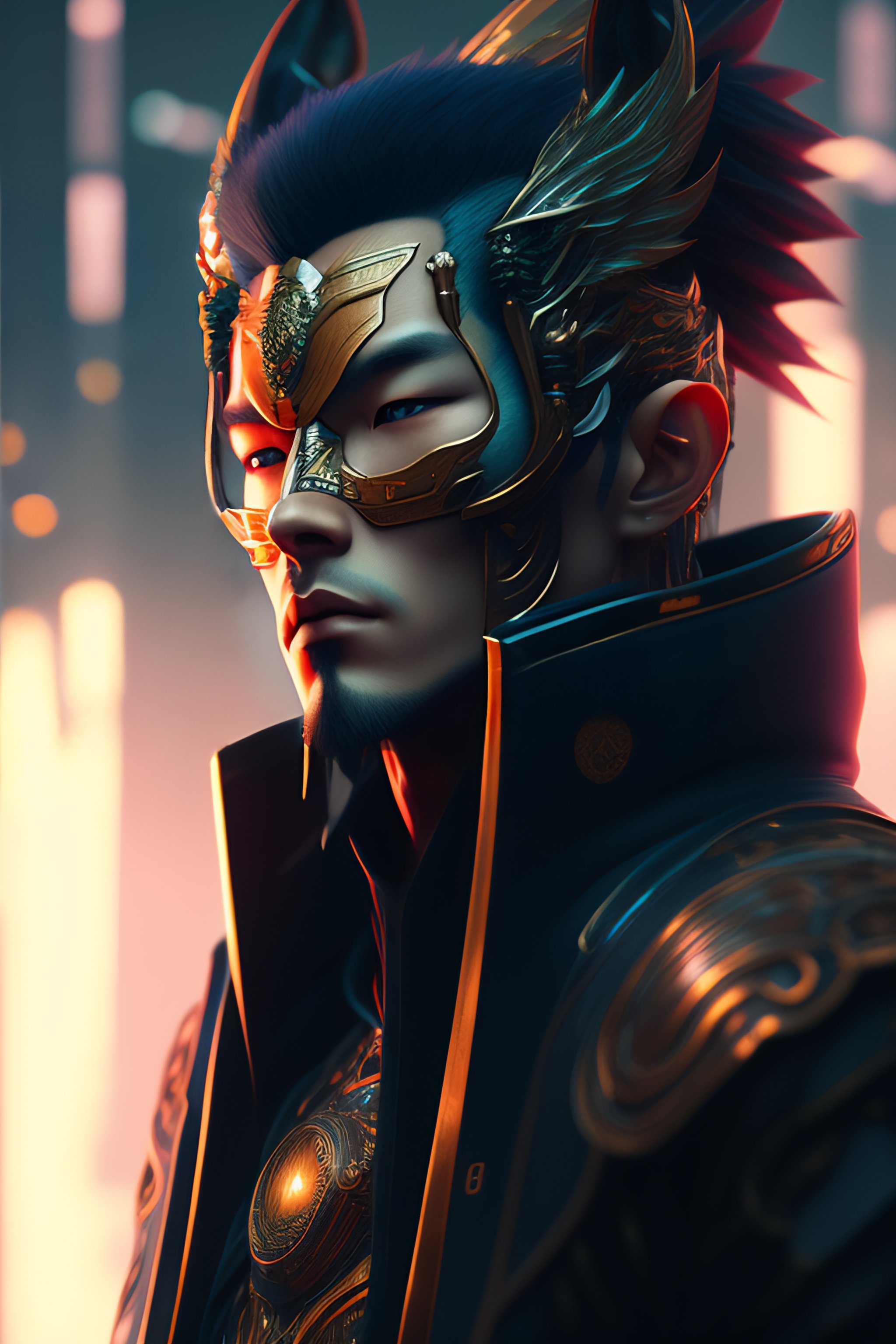 Lexica - Male anime character, oni mask, organic, forest druid, cyber ...