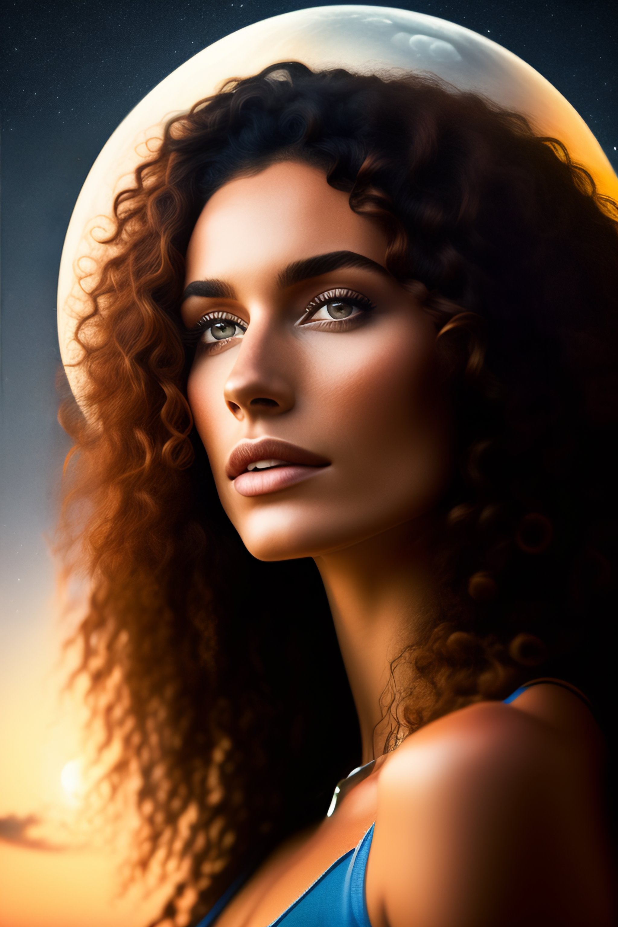 Lexica Full Moon Above Curly Brown Haired Woman