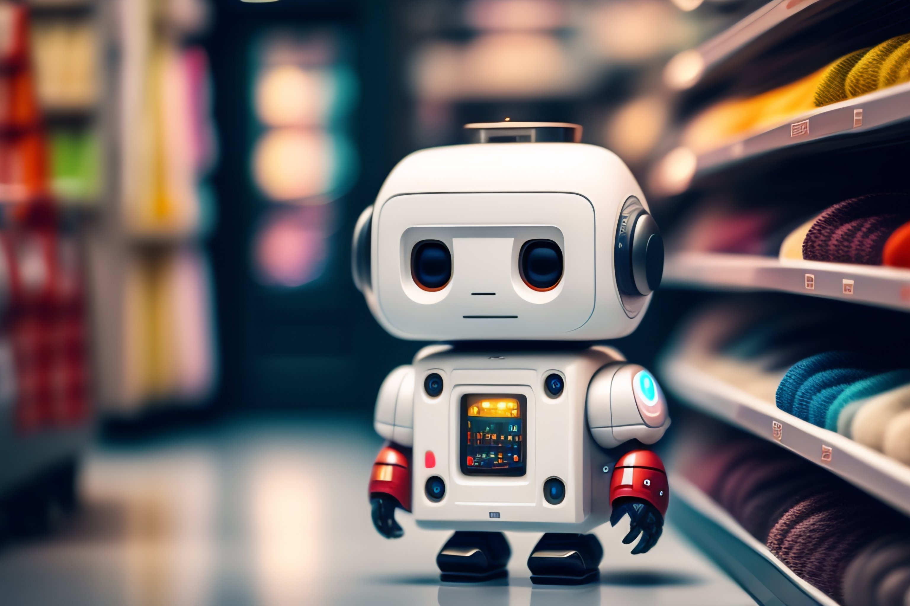 Lexica - White cute robot shopping in a store