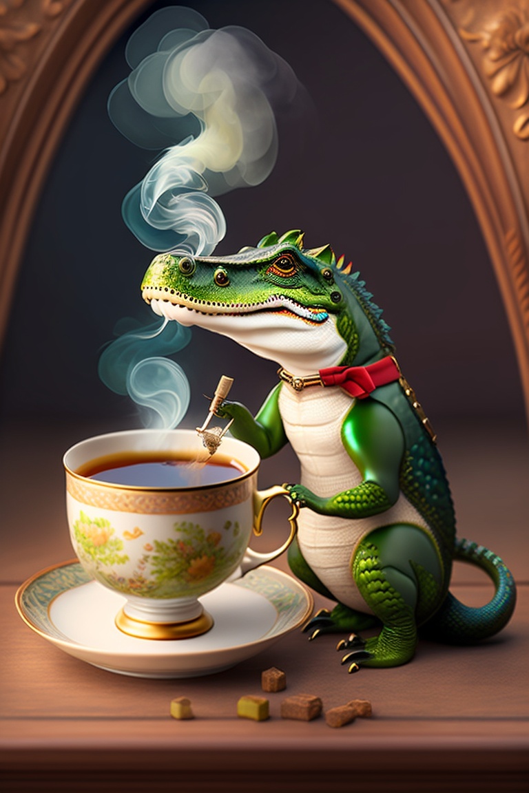 Lexica - An alligator in tea cup smoking a pipe and reading a newspaper ...