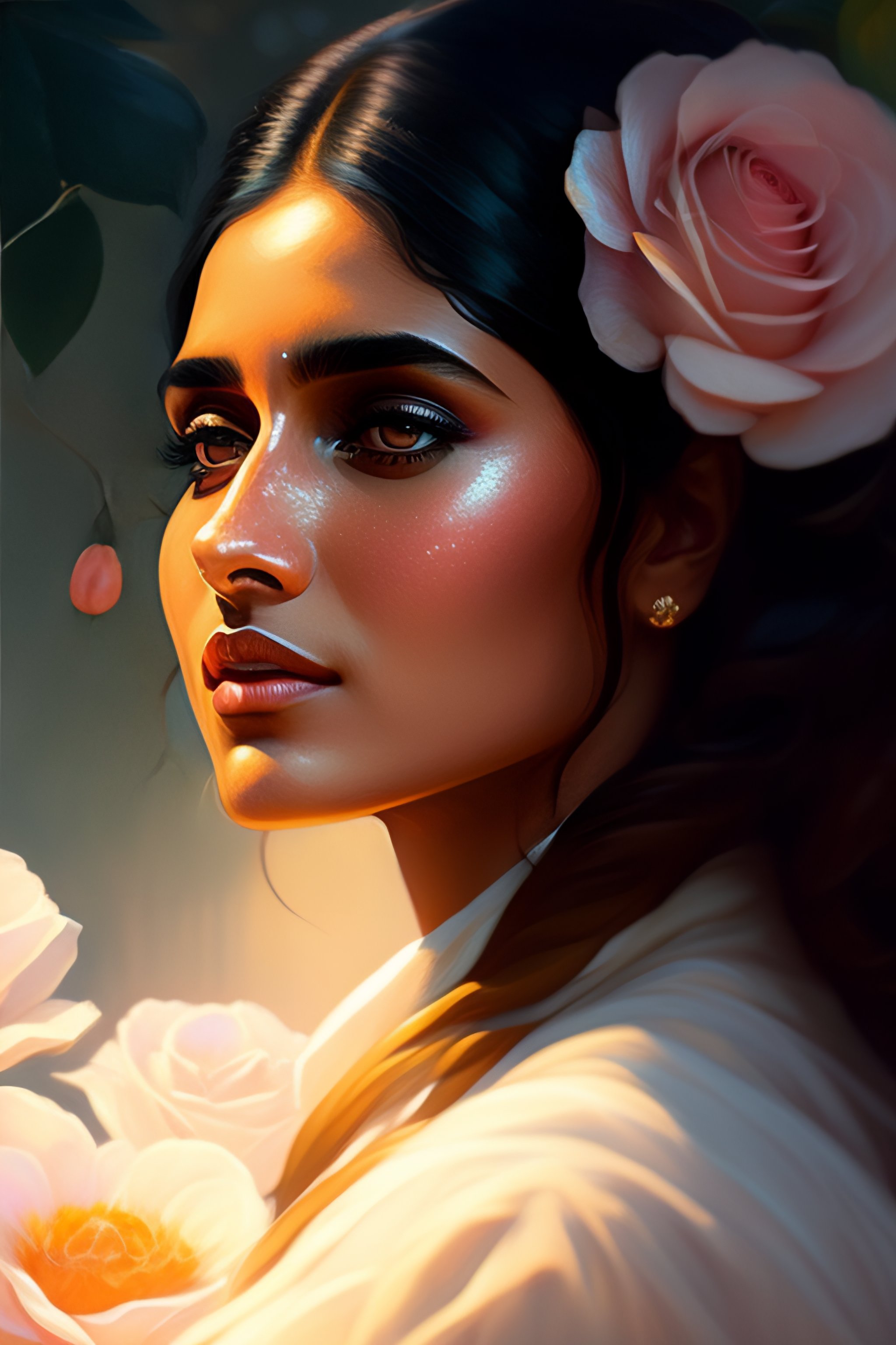 Lexica - Niveda thomas smelling a flower, roses everywhere, highly detailed, digital painting ...