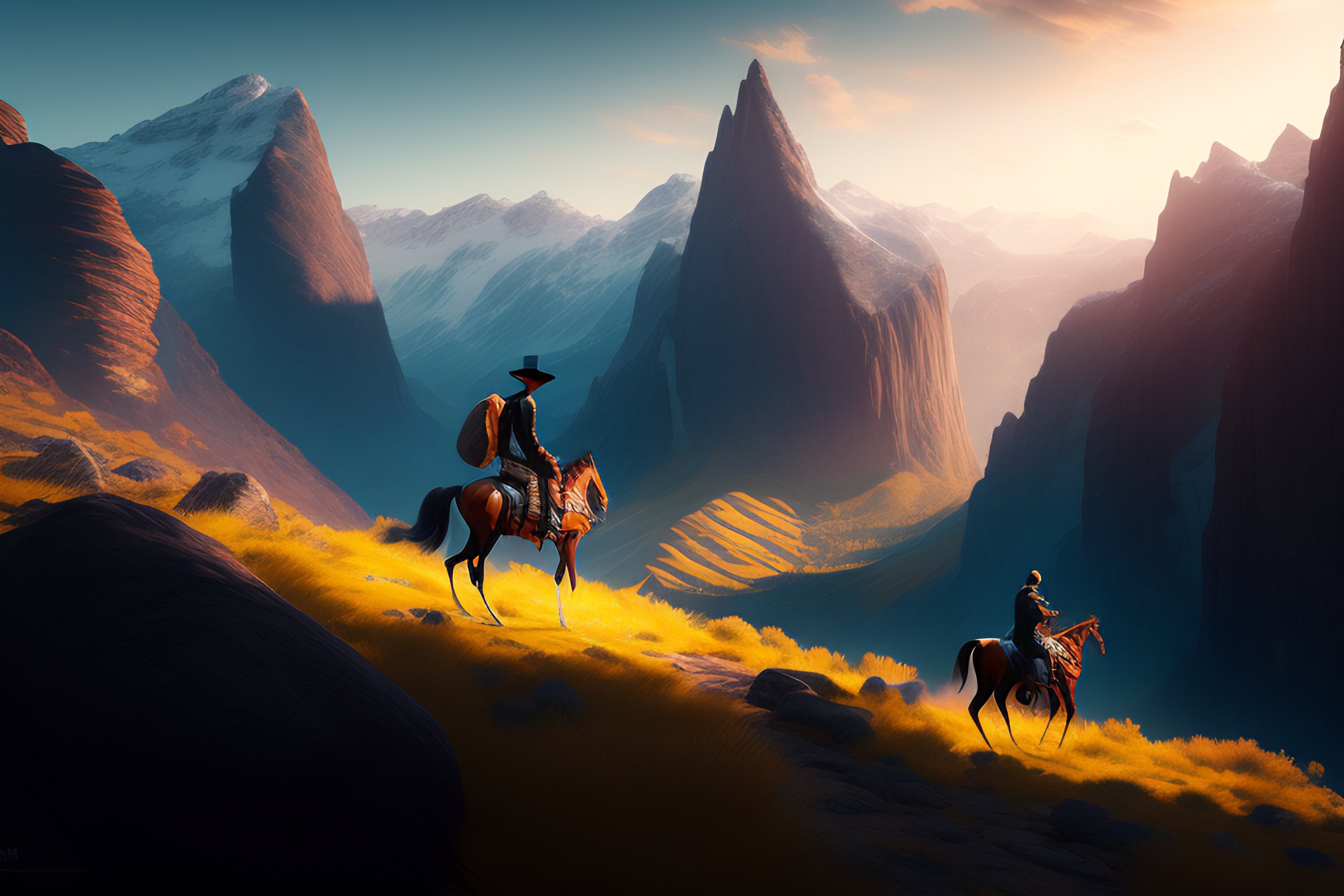 Lexica - Black cowboy rides down a steep trail above a valley , color ...