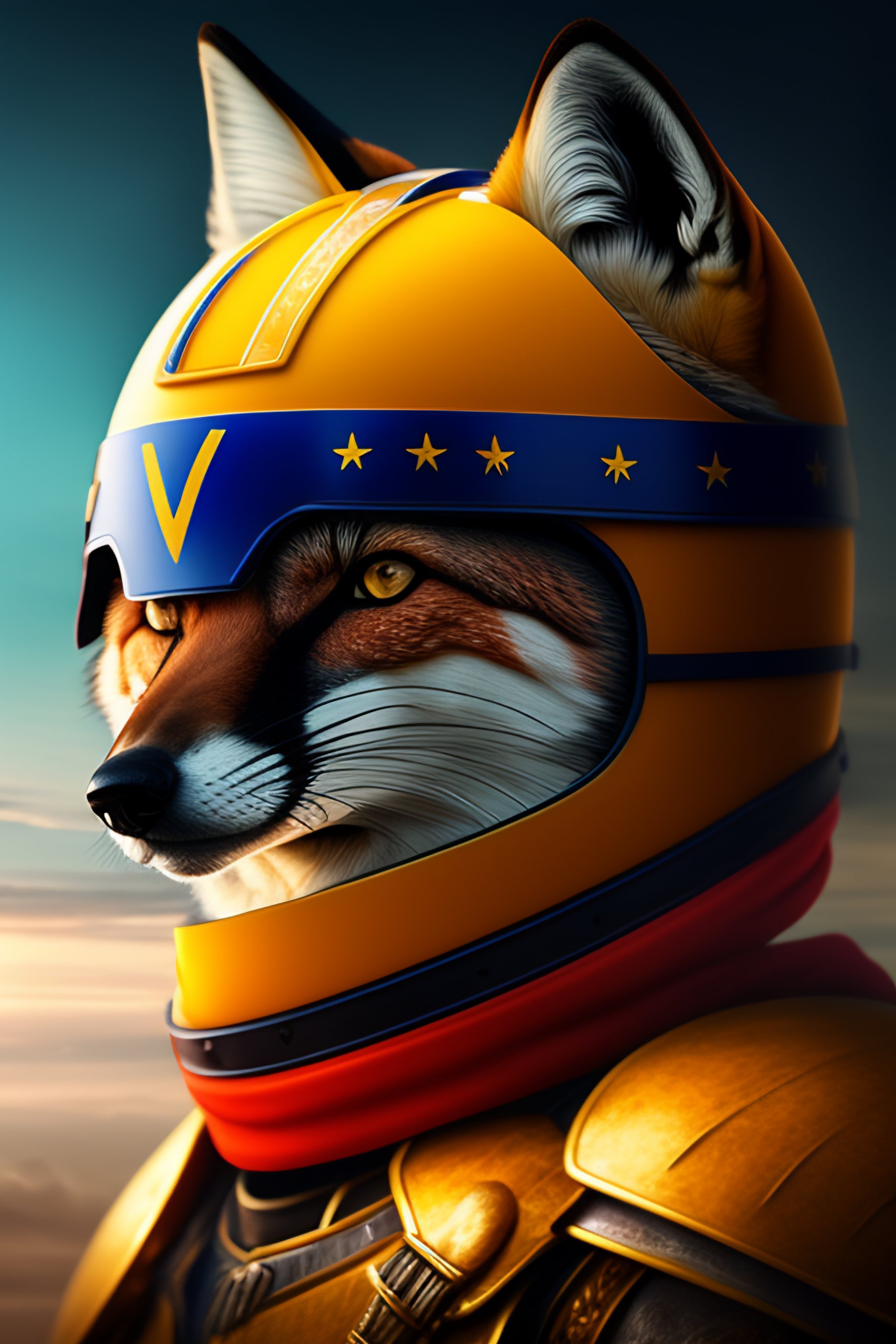 Lexica - Warrior, helmet, Ukrainian flag, victory, fox