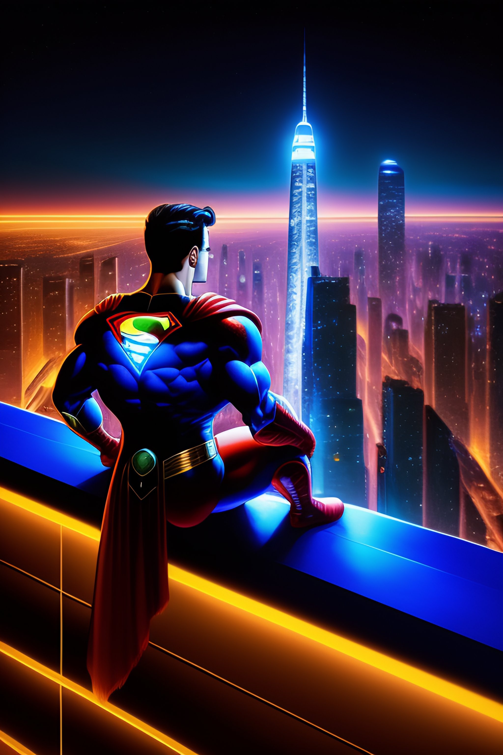 Lexica - A futuristic superman sitting on a roof looking down at a neon ...