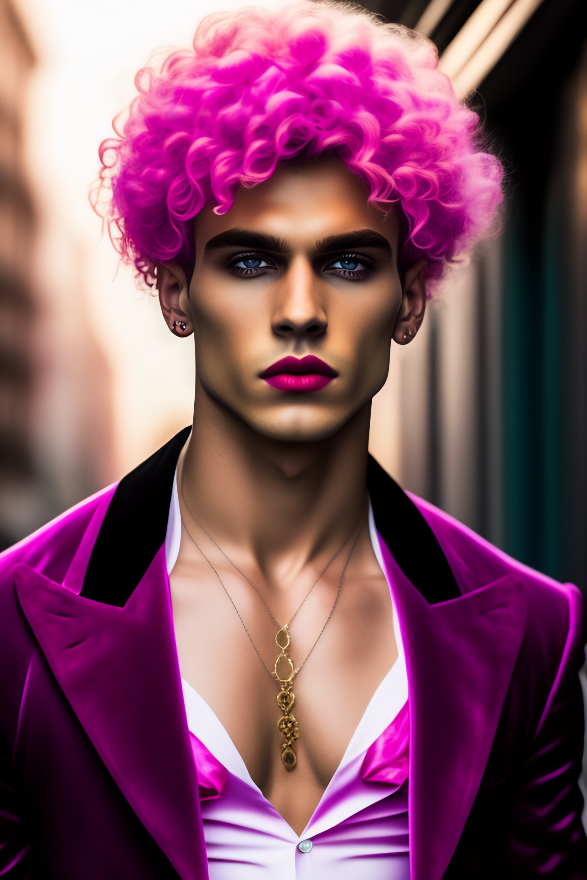 Lexica - Vampire with curly blonde hair, magenta eyes, pink lips, male ...
