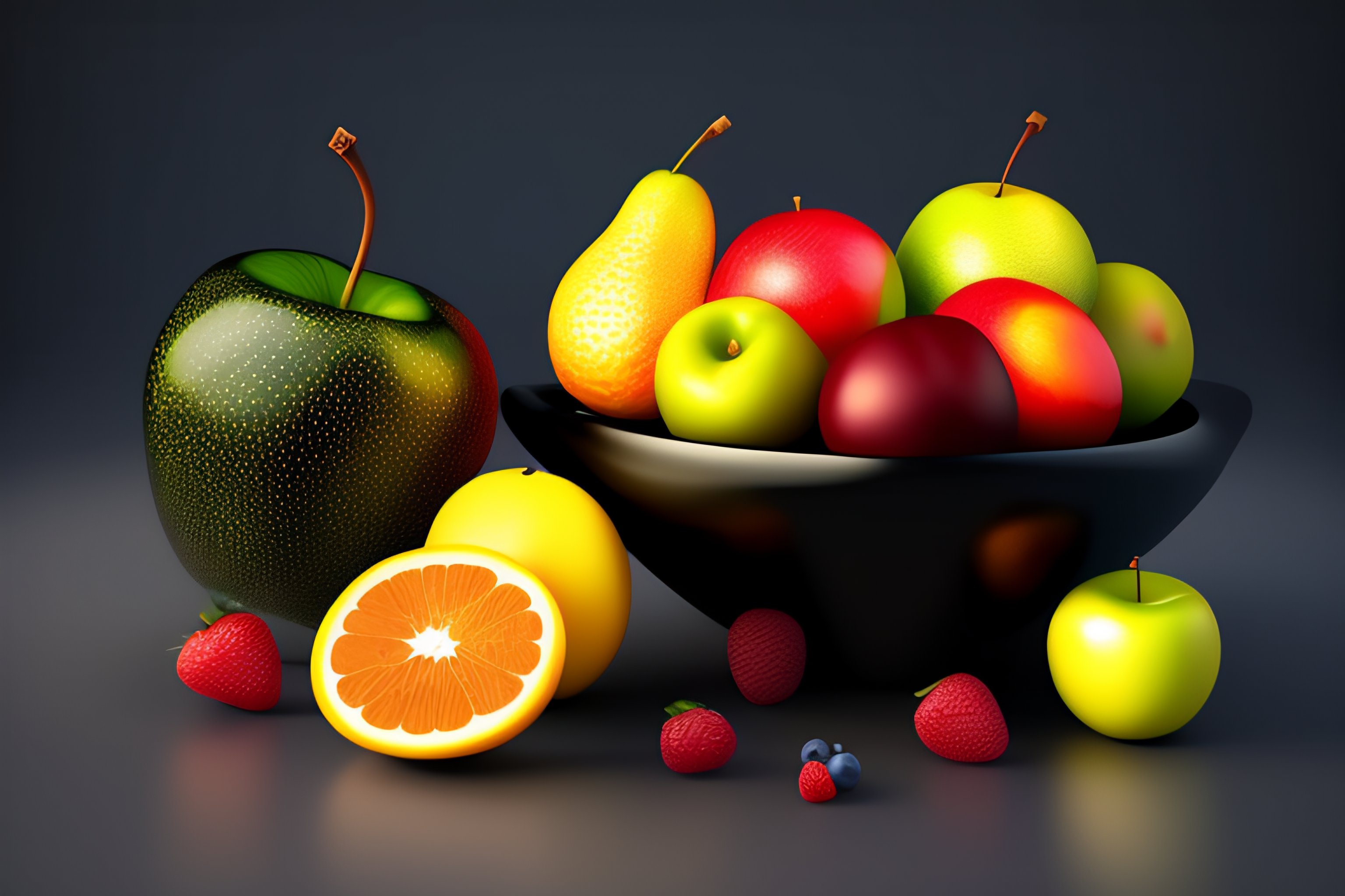 Lexica - Fruit basket black background 3D ,4K, ultra high quality,hogh ...