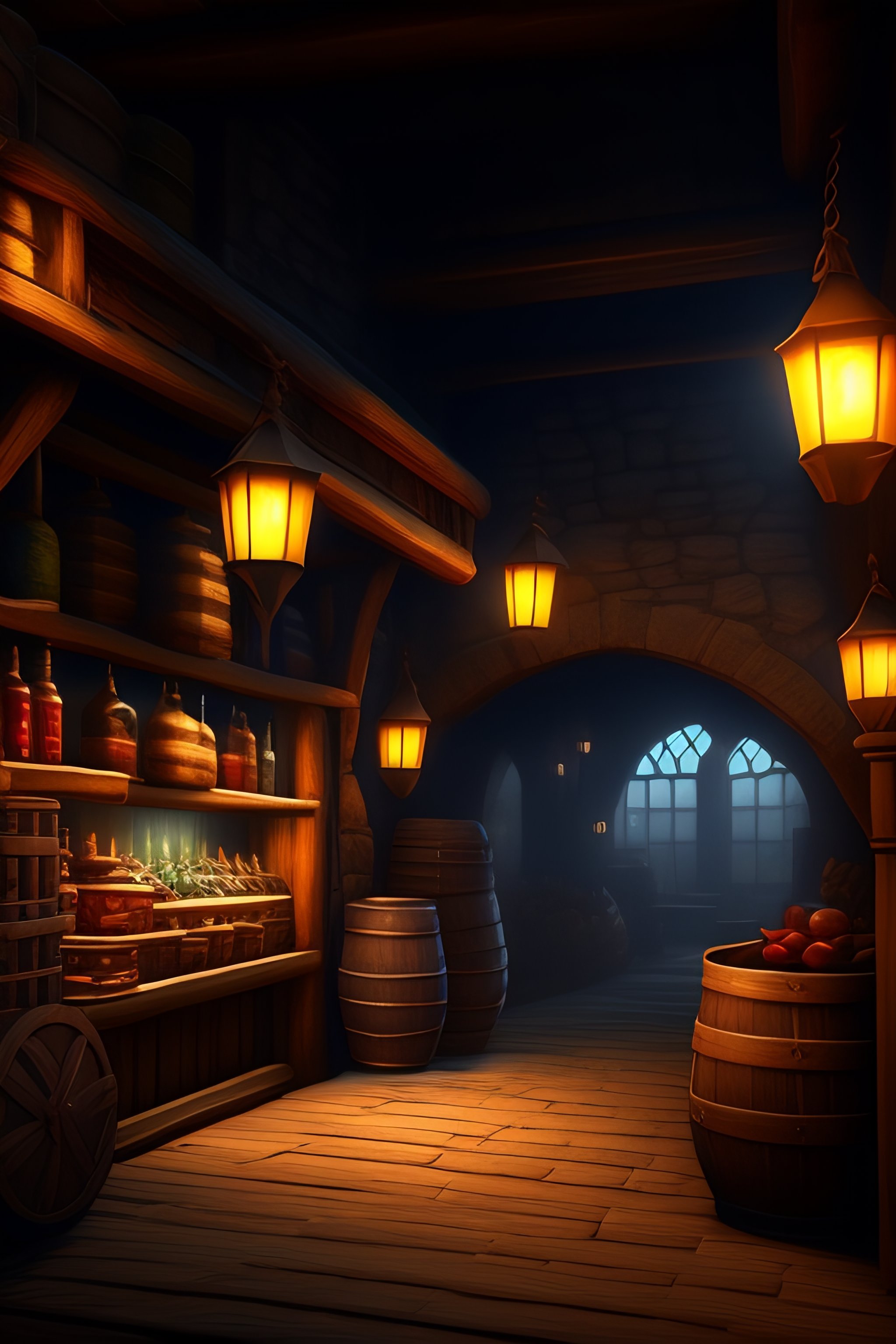 Lexica - Dimly lit medieval fantasy Merchants store, inside ...