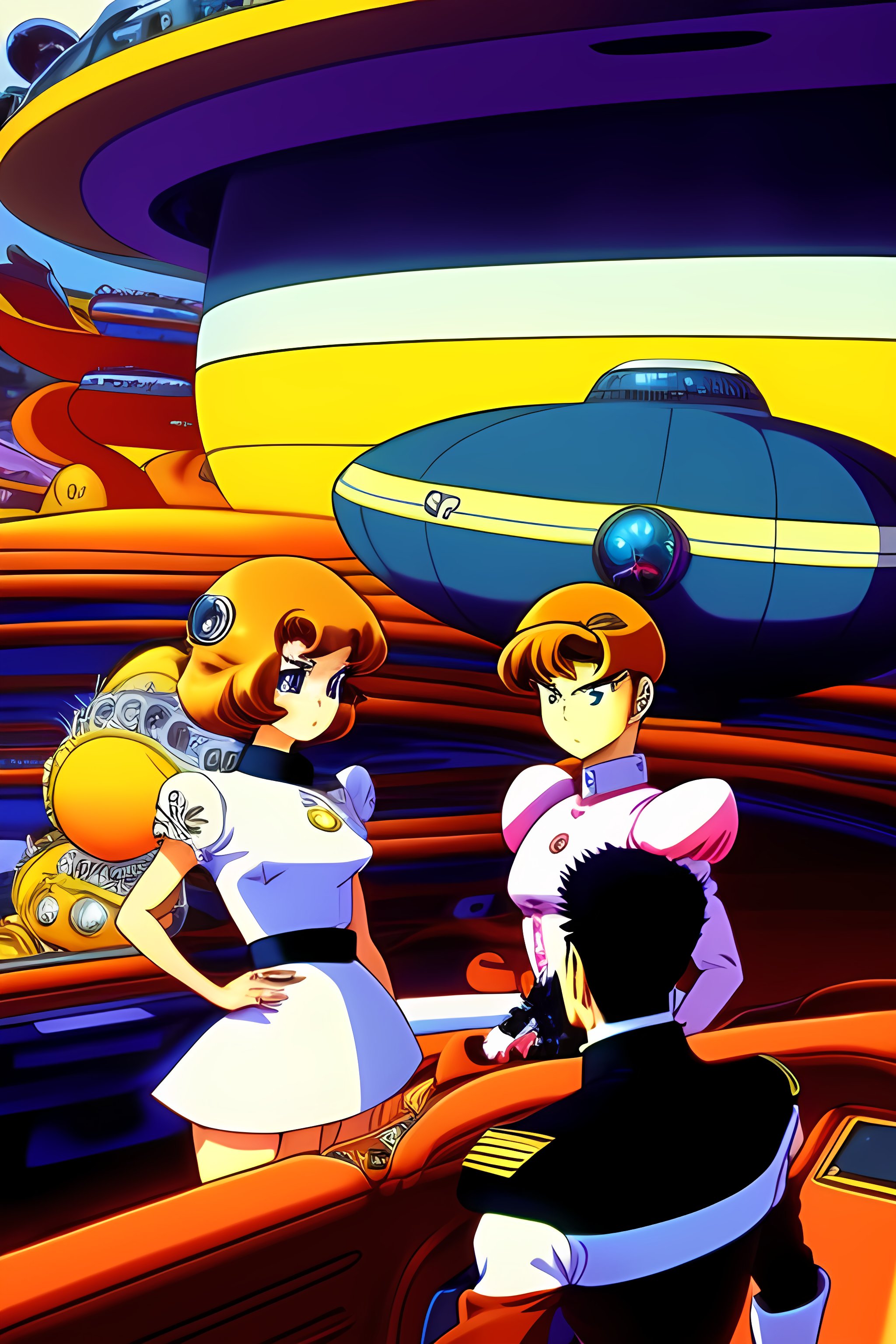 Lexica - Vintage 60's anime style. cluttered starship interior; captain ...