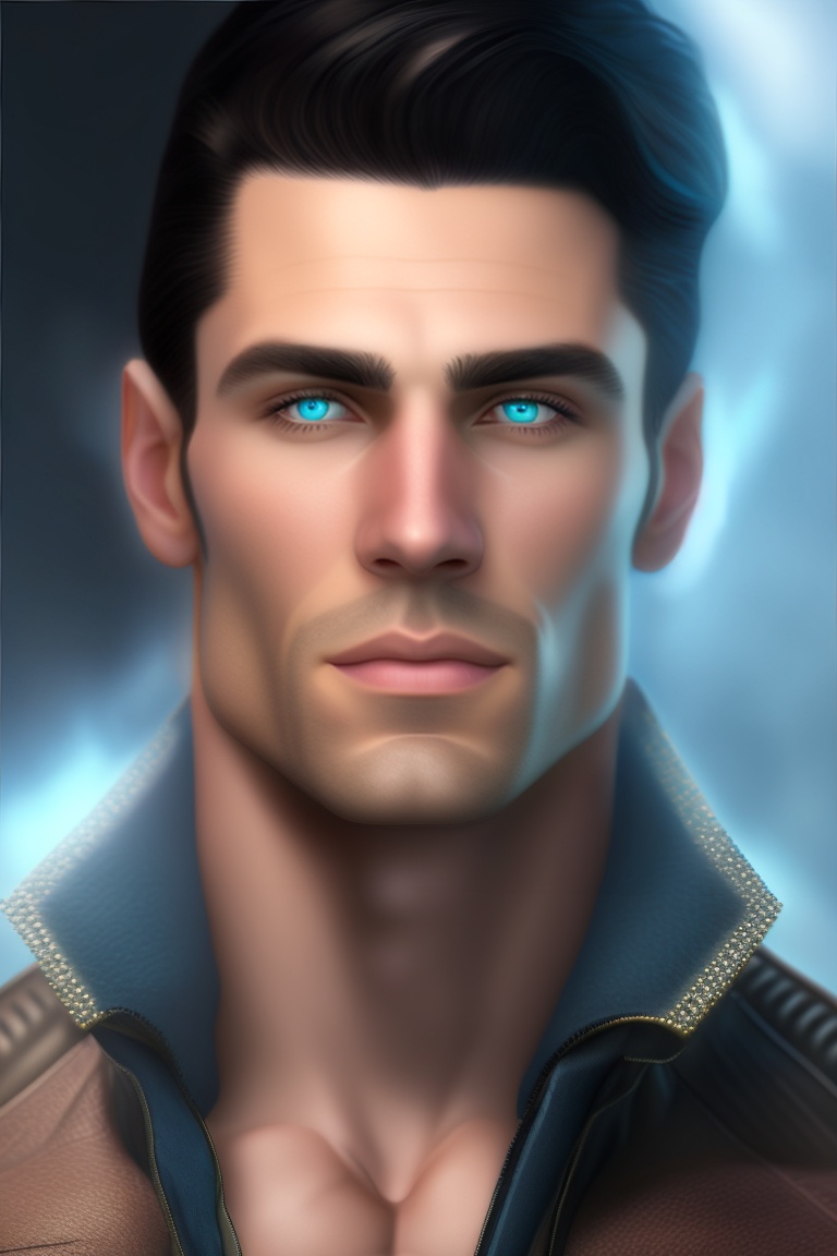 Lexica - A rugged, buff man with ice blue eyes and black hair, in his 30s