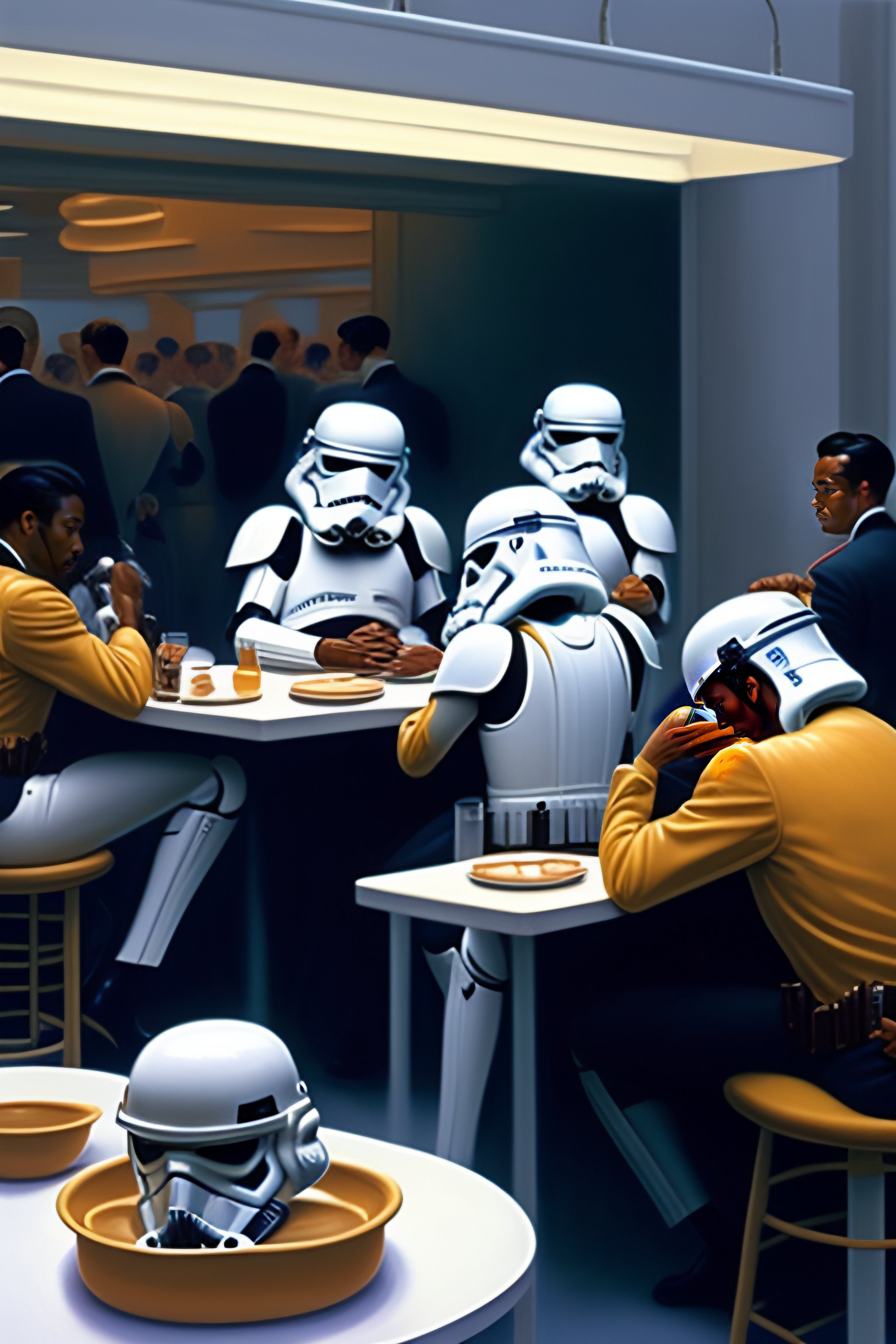 Lexica - "crowded stormtrooper break room" by syd mead, cold color ...
