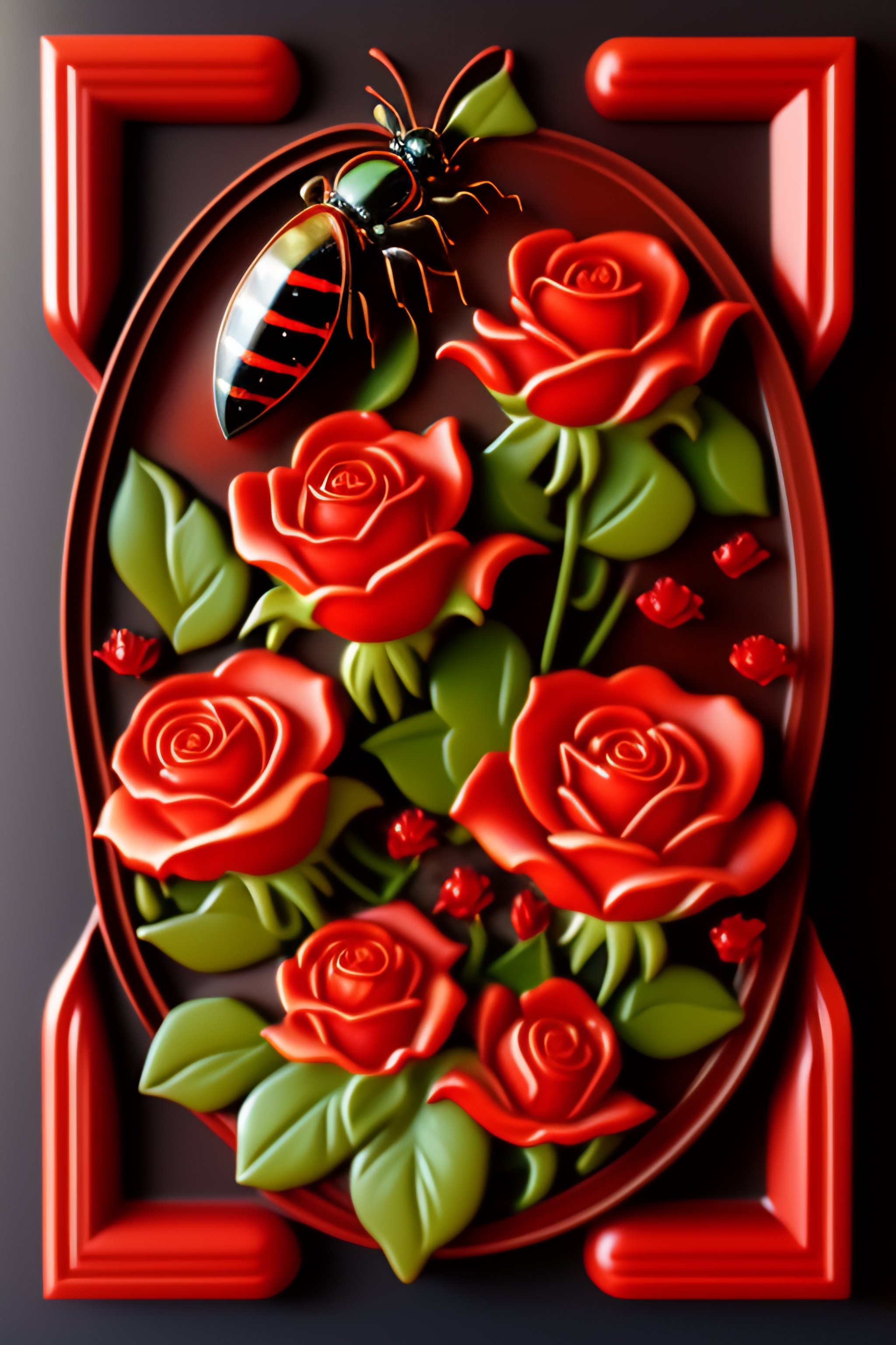 Lexica - Red roses surronded by circular arrangment of leaves, ladybird ...