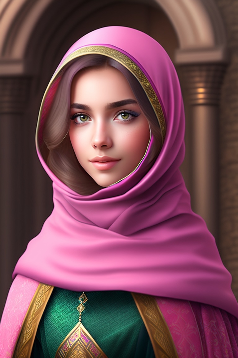 Lexica - Cute hijab girl wearing medieval mage clothing،Green eyes, pink dress