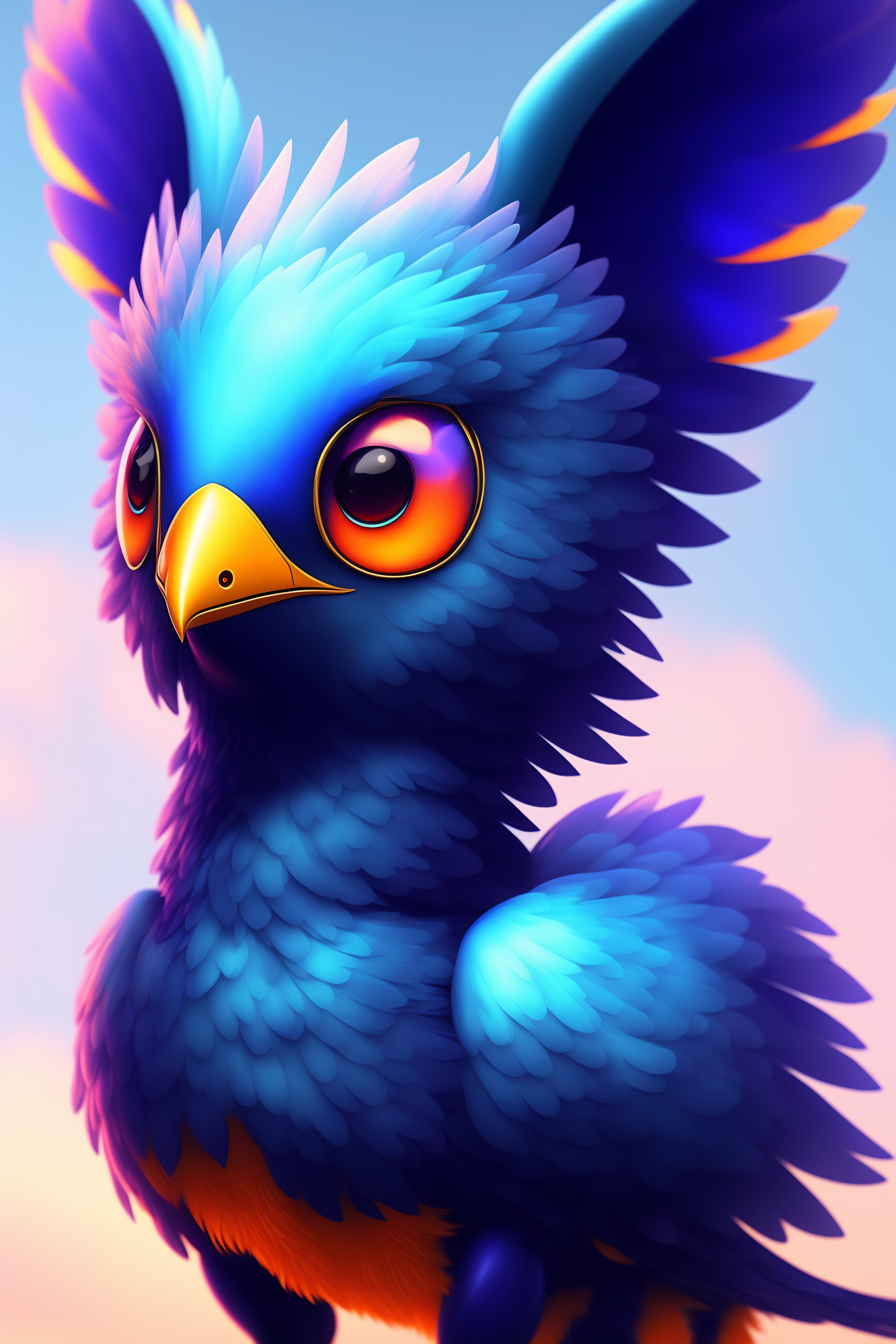 Lexica - A cute phoenix with big eyes and a black beak, it's feathers ...