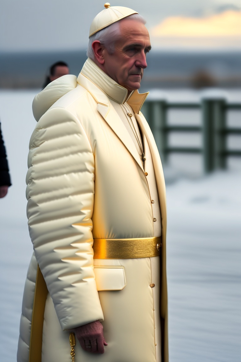 Lexica - The Pope wearing a full length white down shiny puffy jacket ...