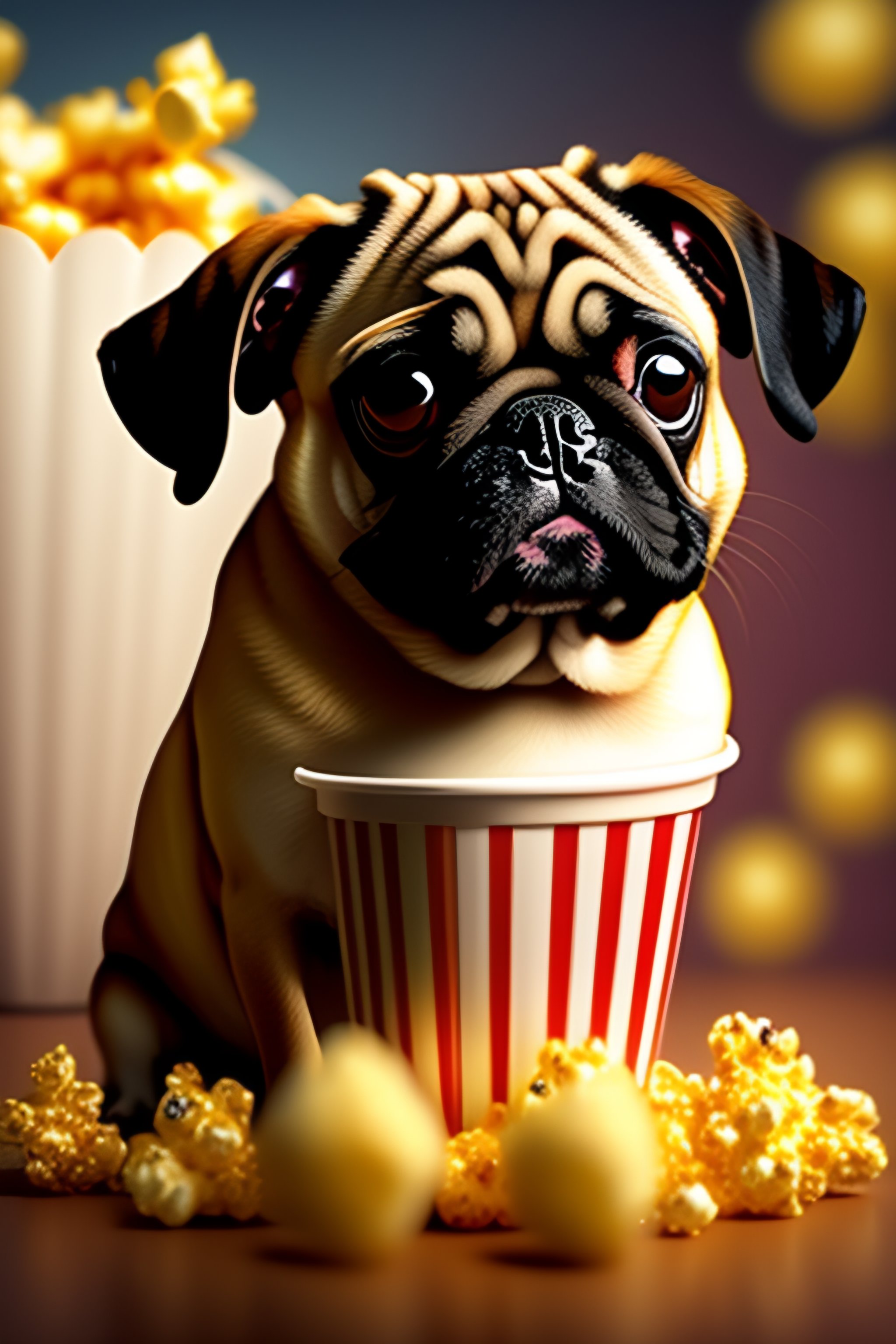 Lexica - A highly detailed long shot photo, pug dog looking a popcorn ...