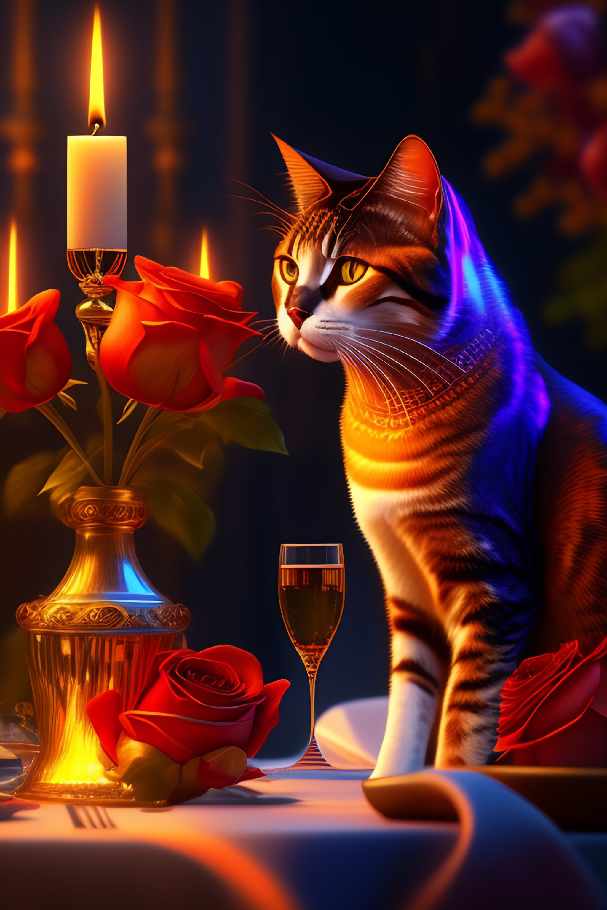 Lexica - A Pixiebob Cat romantic dinner with candles champagne confetti ...