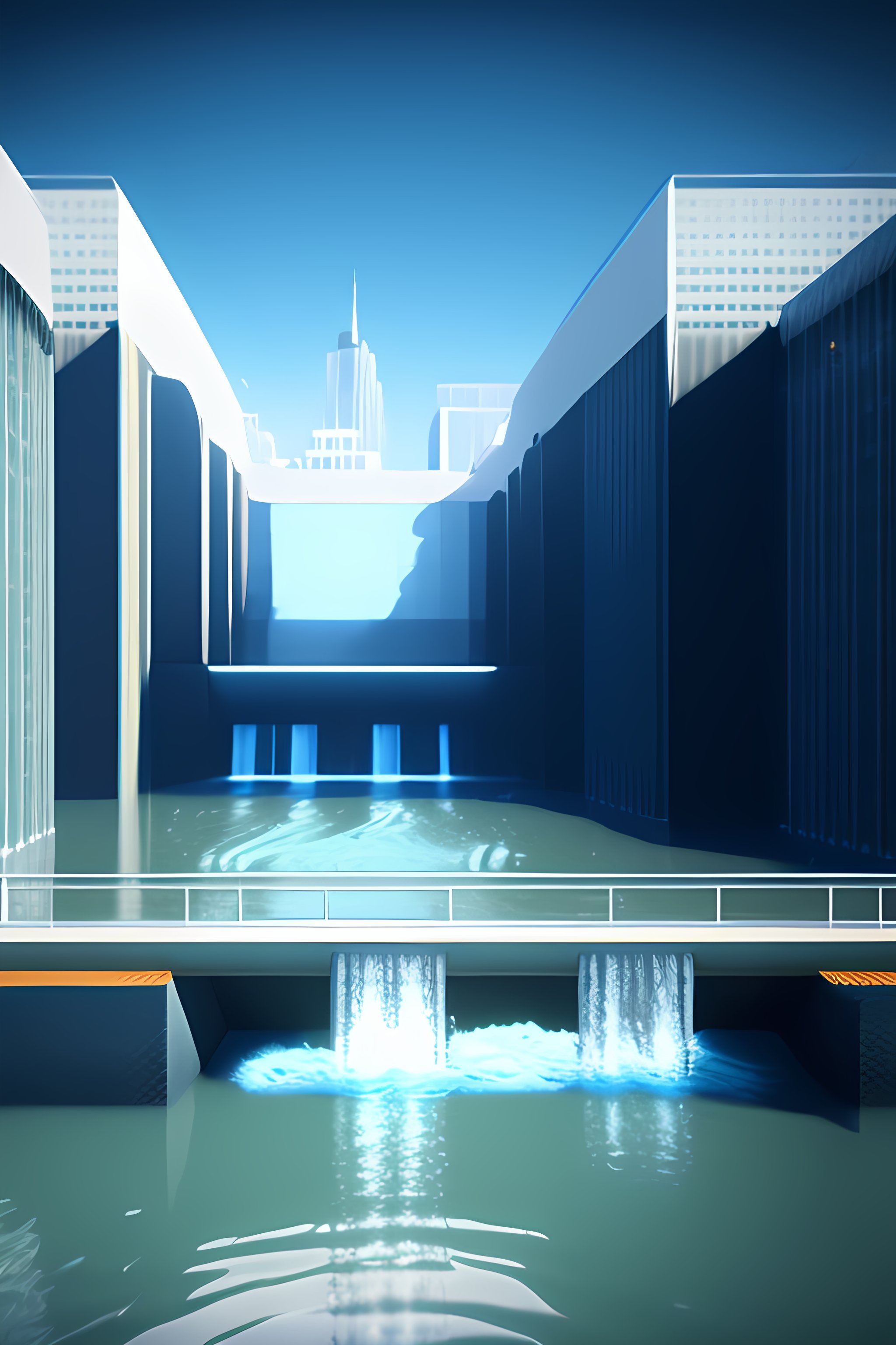 Lexica - Dam cracked, clear blue water flooding, flooded office ...