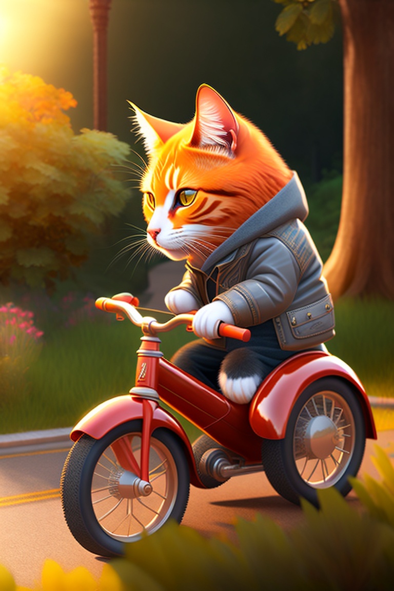Lexica - Red cat riding a tricycle in the park near the lake, pixar ...