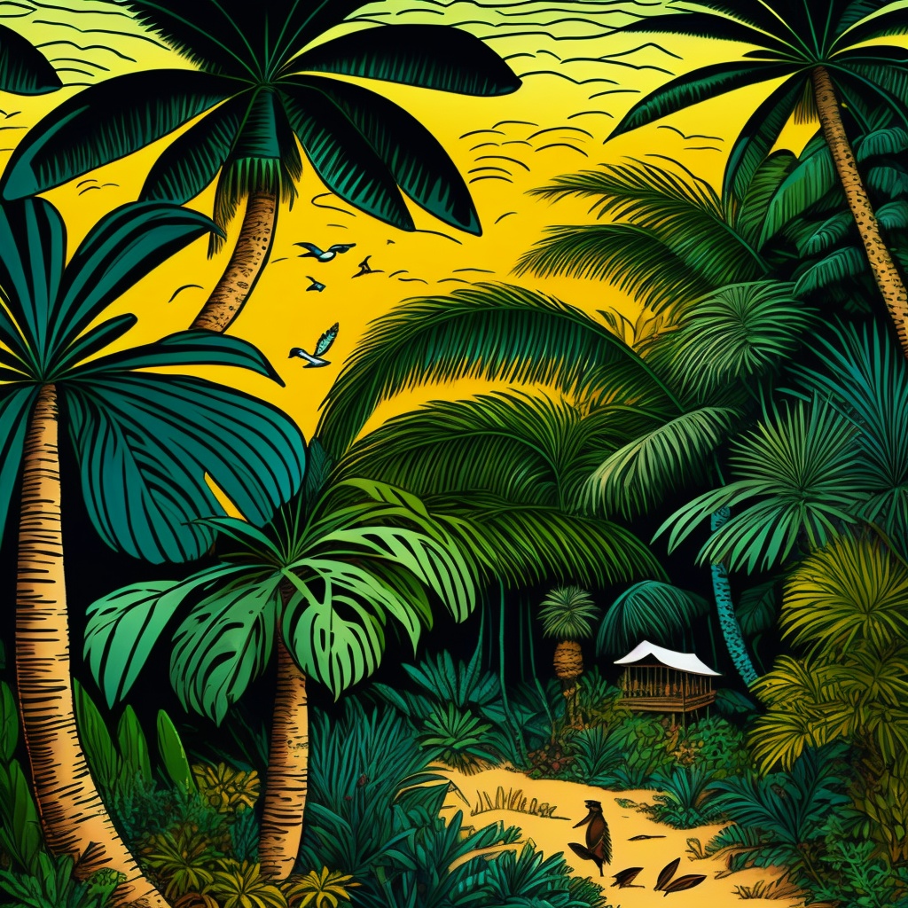 Lexica - Maximalist chaotic jungle palm trees, birds eye view ...