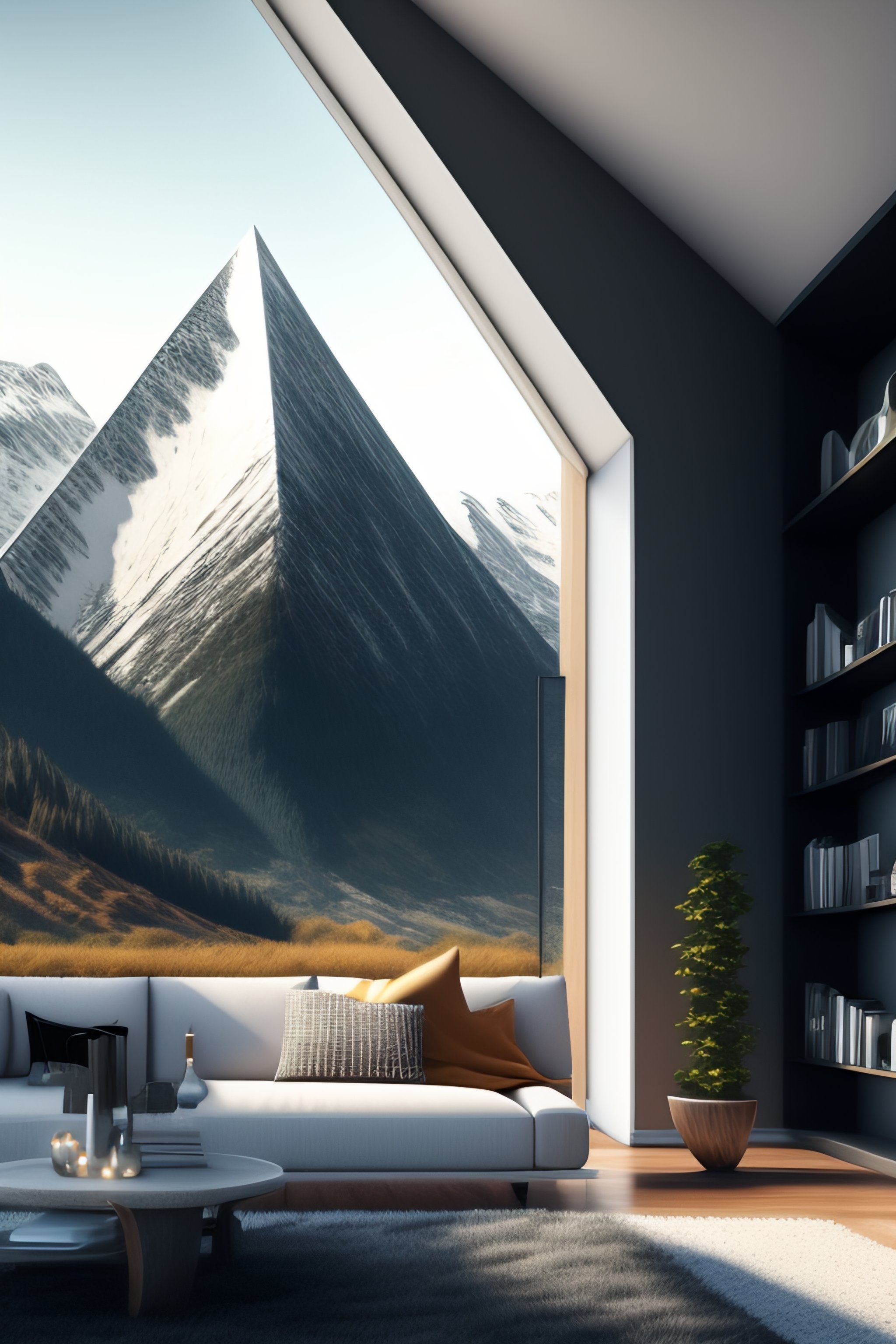 Lexica - Realistic, modern living room with big triangle windows and a ...