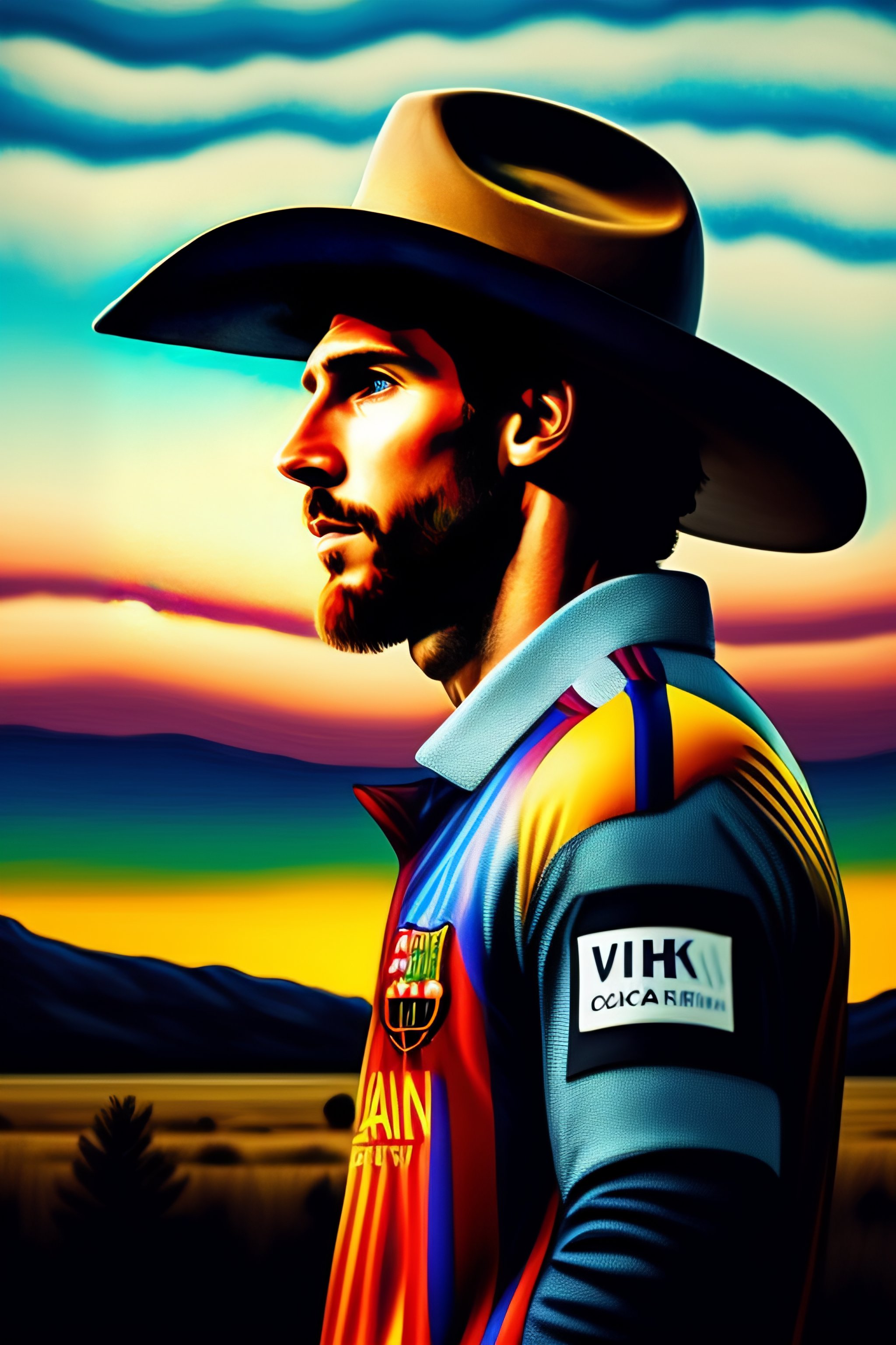 Lexica - Leo Messi with a cowboy hat look to the horizon, distant ...
