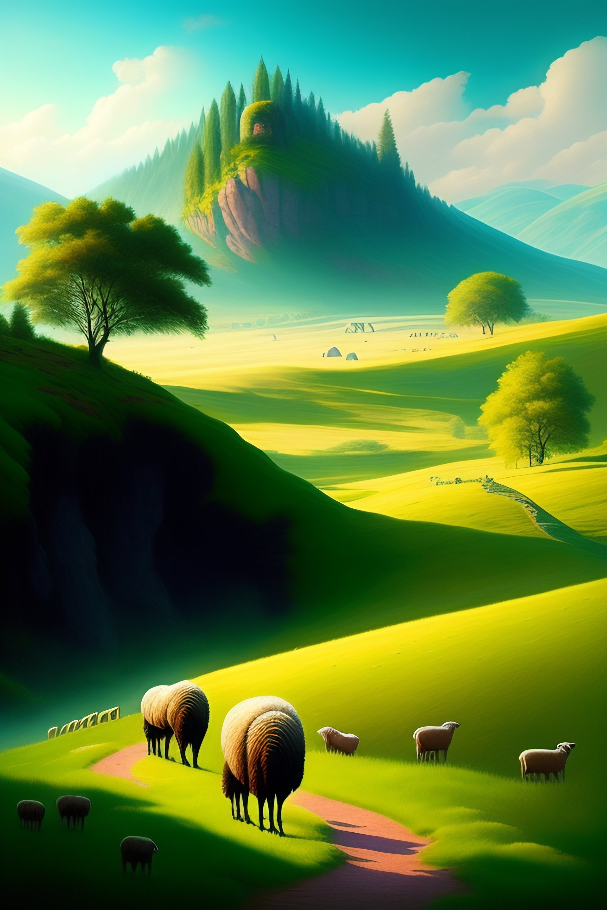 Lexica - Shepard with sheep in pastoral scene, verdant valley, splendor ...