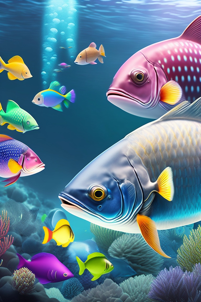 Lexica - A baby diving in a sea,full of colour fish hyper realistic