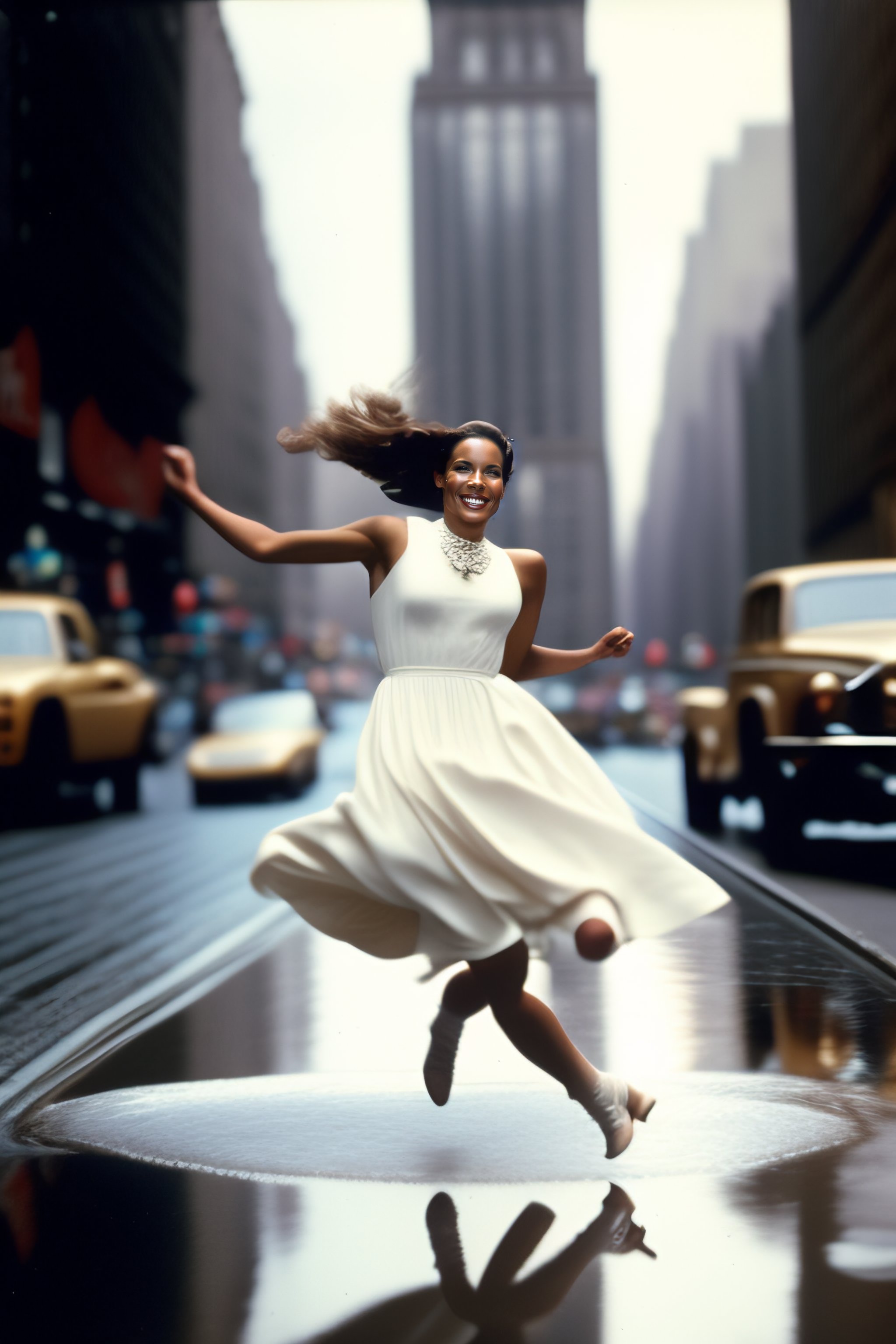 Lexica - Vintage photo of a model jumping over a puddle in NY, long ...