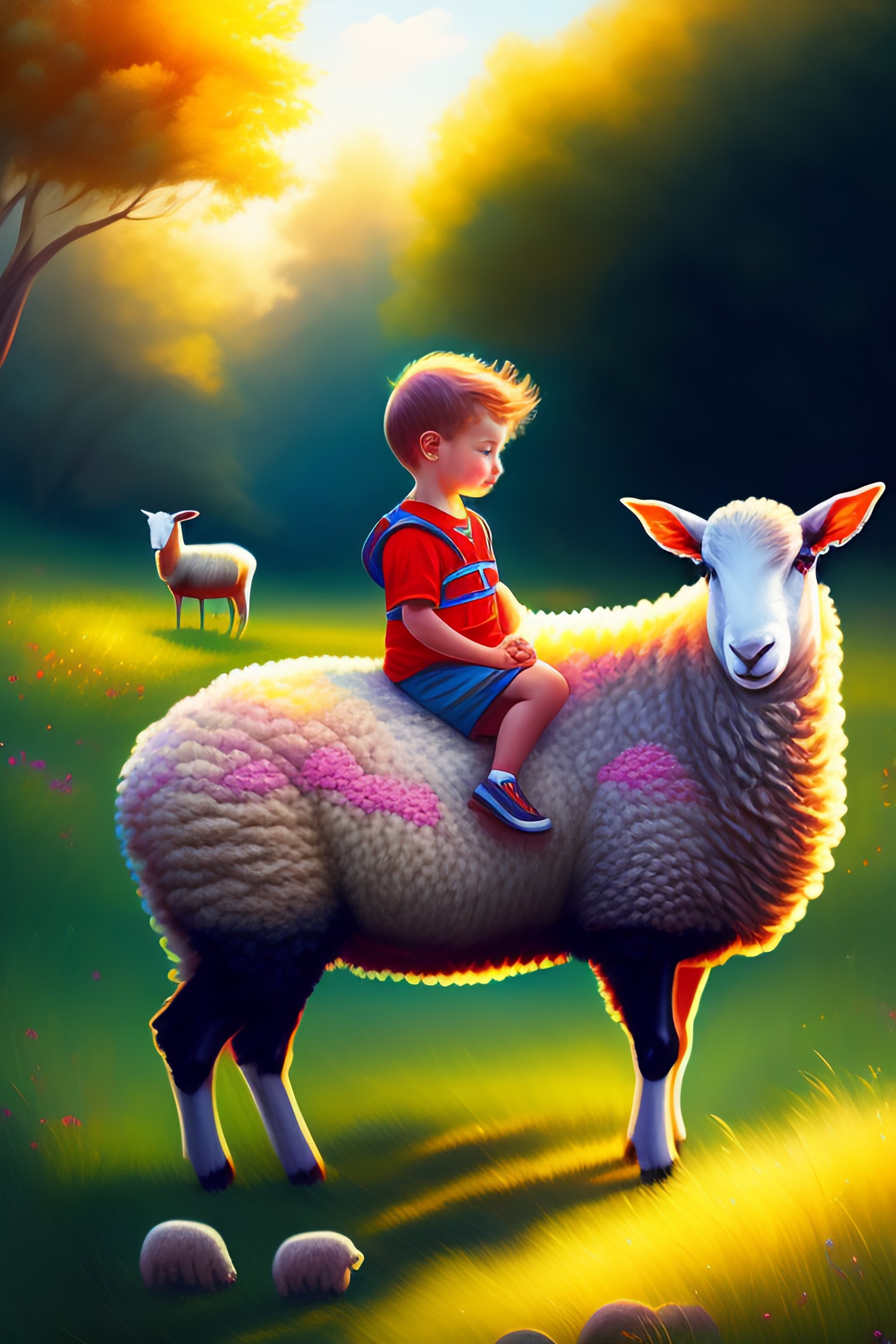 Lexica - Shepard with sheep, group of children, grazing fields, summer camp, highly detailed ...