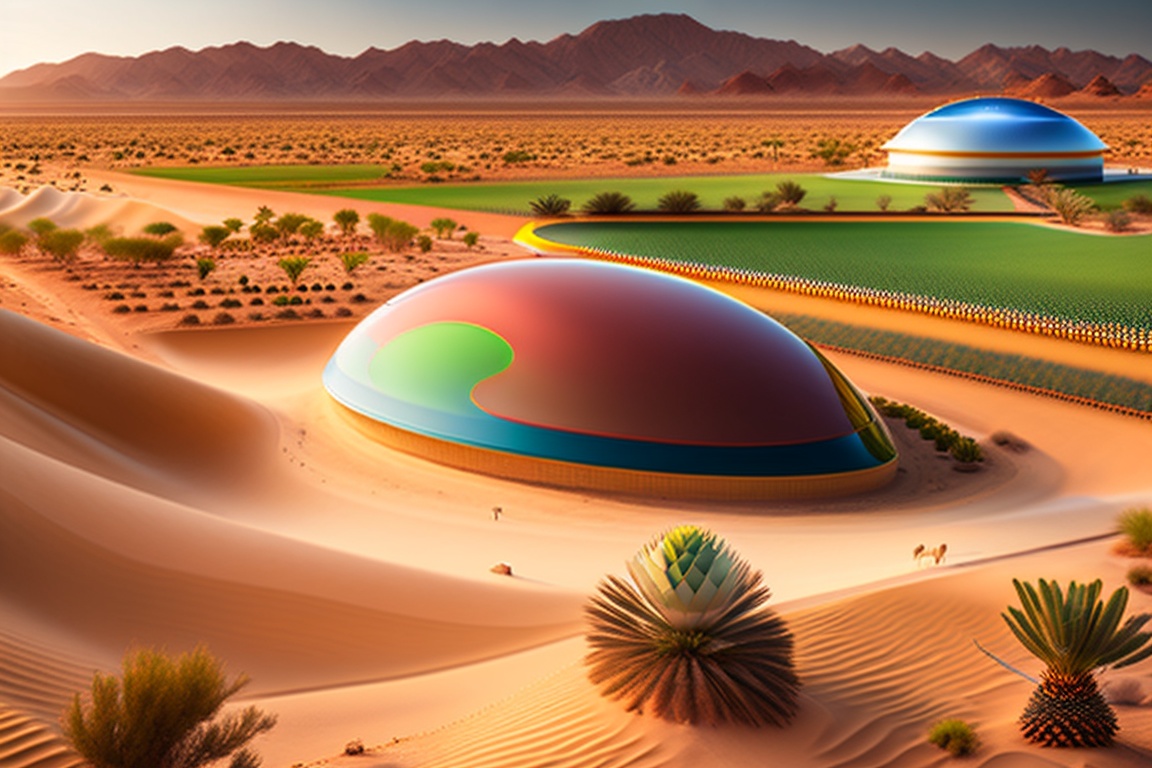 Lexica - Desert farming communities close up with future drons technic ...