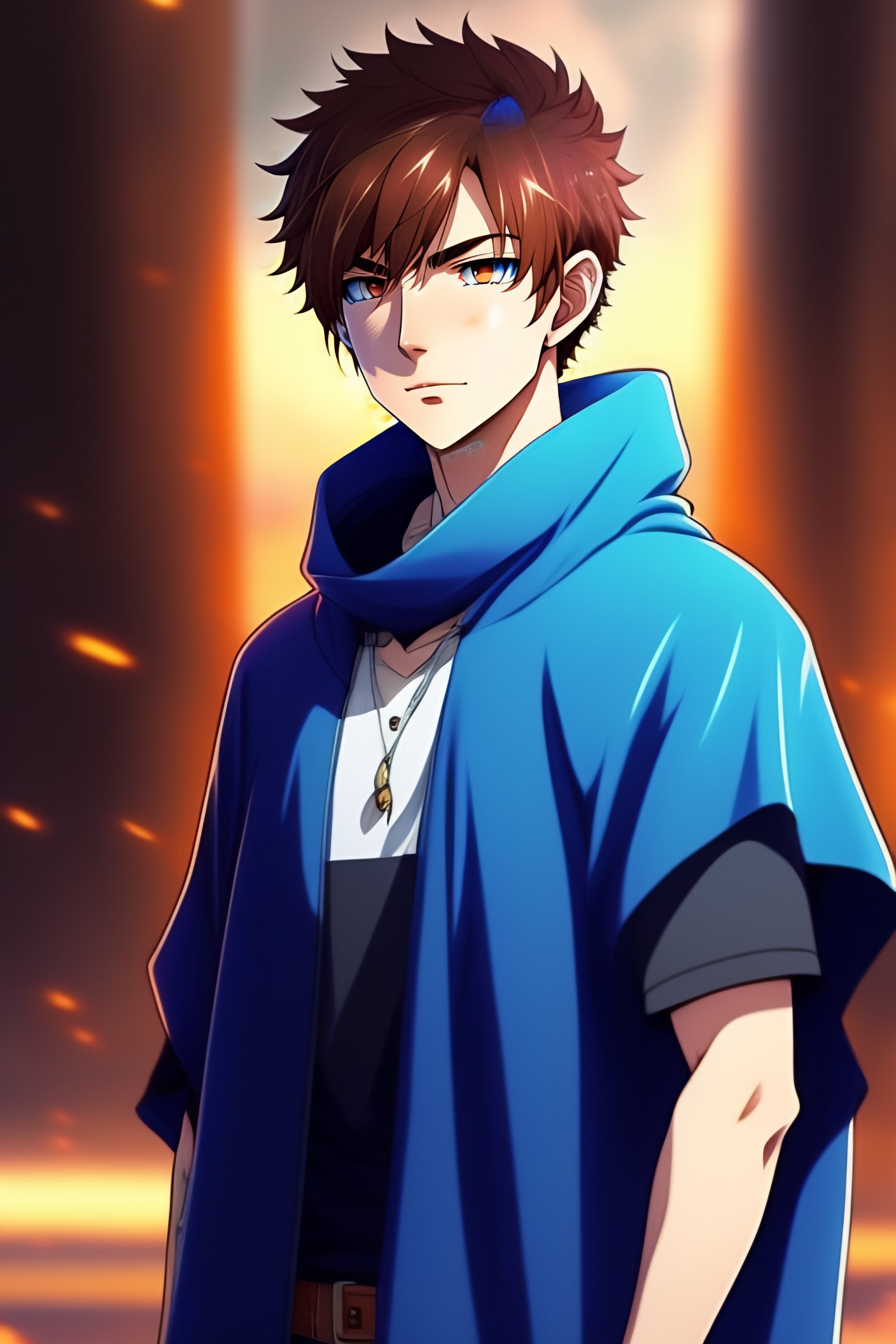 Lexica - Anime guy, 19 years old, wearing a #edd0b1 colored poncho ...