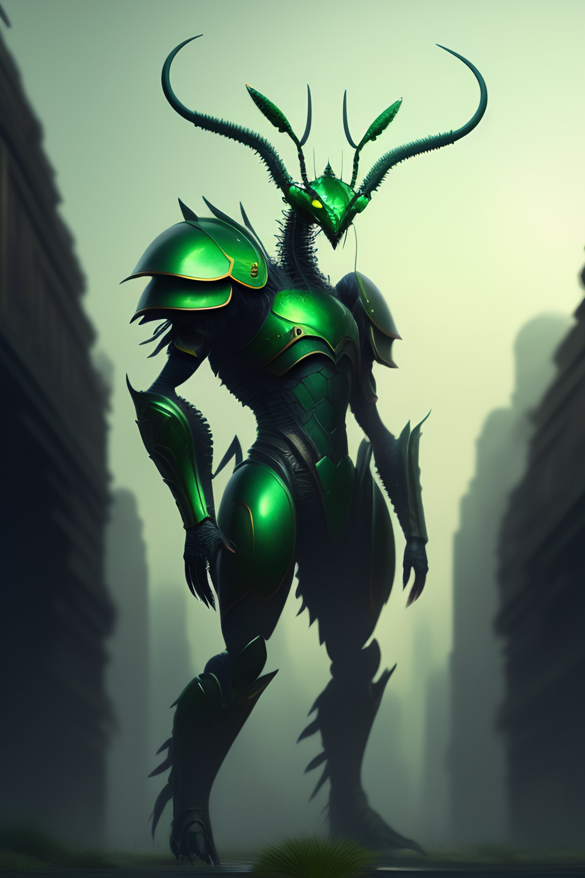 Lexica - Full body shot a of green man - mantis ; head with antennae ...