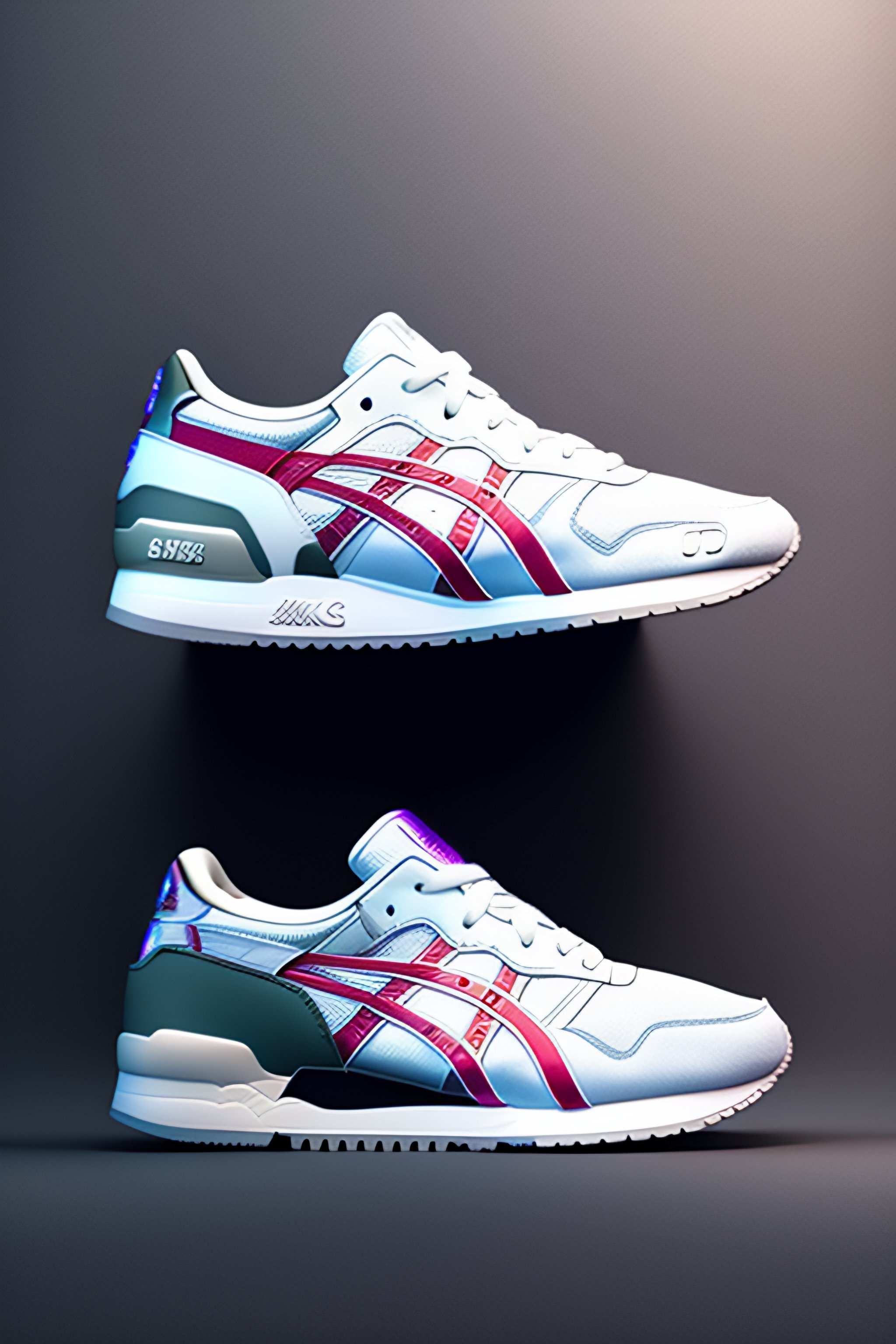 Lexica - A pair of white and holographic Asics sneakers on a minimal ...